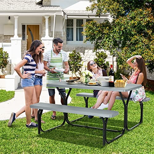 ORALNER Picnic Table, Resin Dining Table & 2 Benches Set, Weather ...