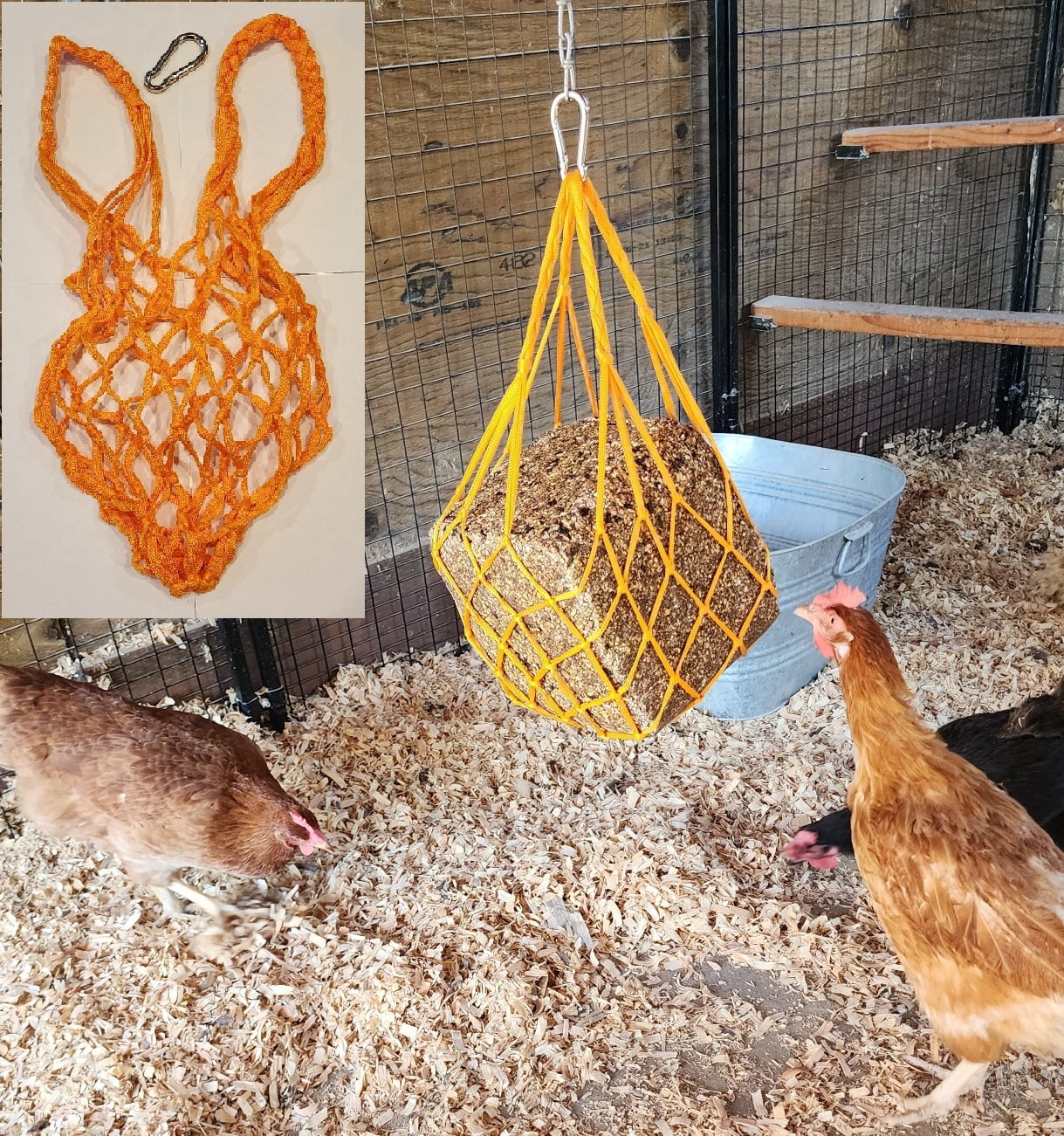 ORANGE Chicken Coop Flock Block Bird Seed Hanging Bag Veggie Treat ...
