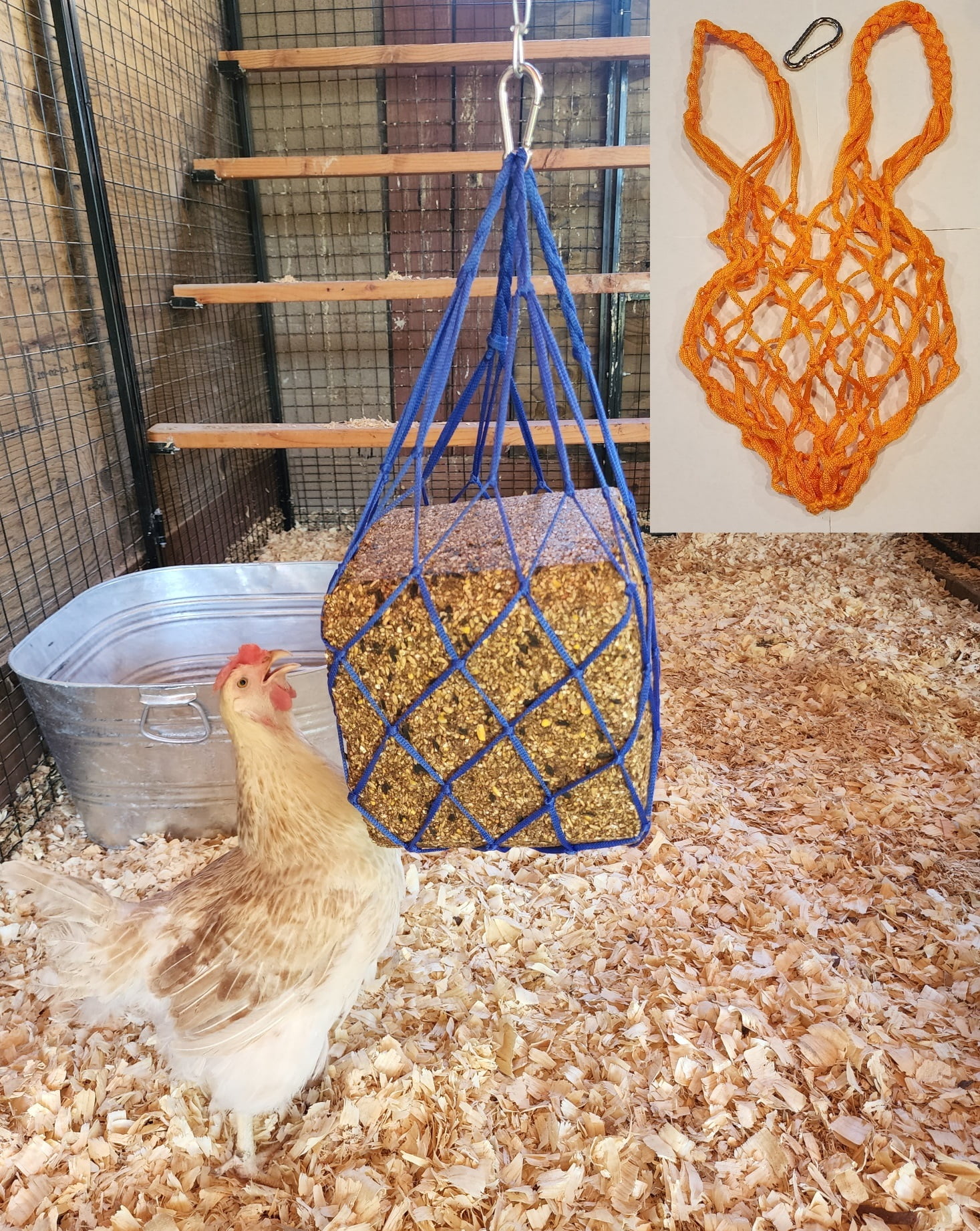 ORANGE Chicken Coop Flock Block Bird Seed Hanging Bag Veggie Treat ...