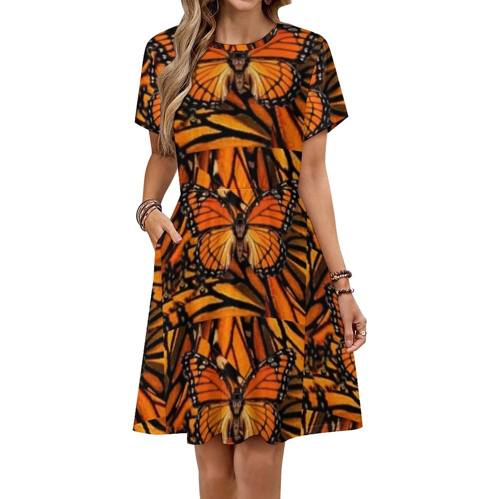ORANGE MONARCH BUTTERFLY PATTERNED Dress Fashion Beach Short Sleeve ...