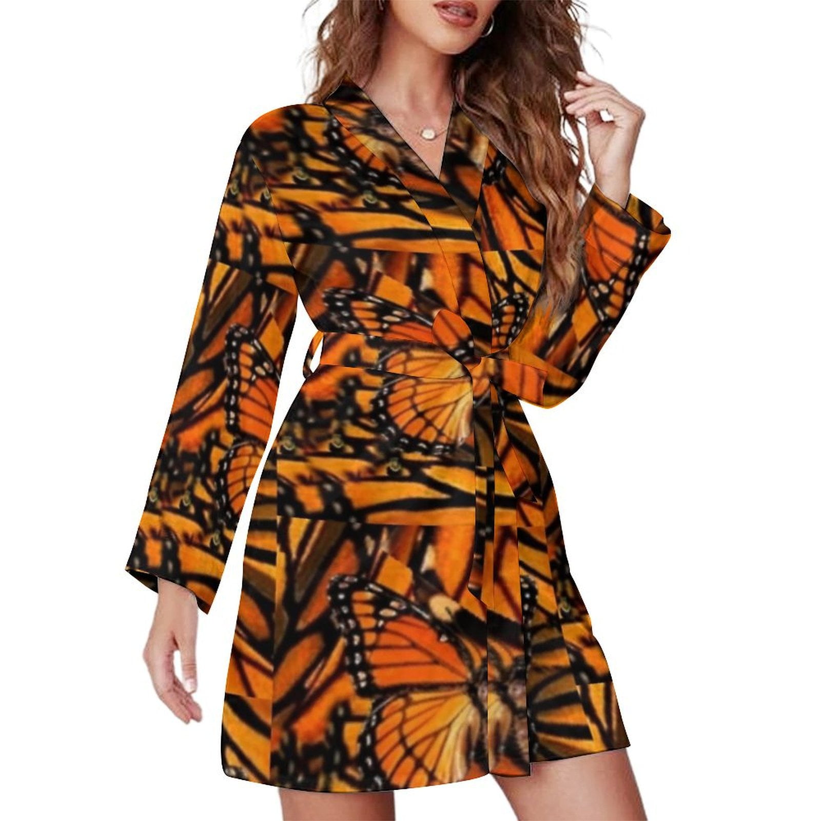 ORANGE MONARCH BUTTERFLY PATTERNED Night Robe Long Sleeve V Neck Robe ...