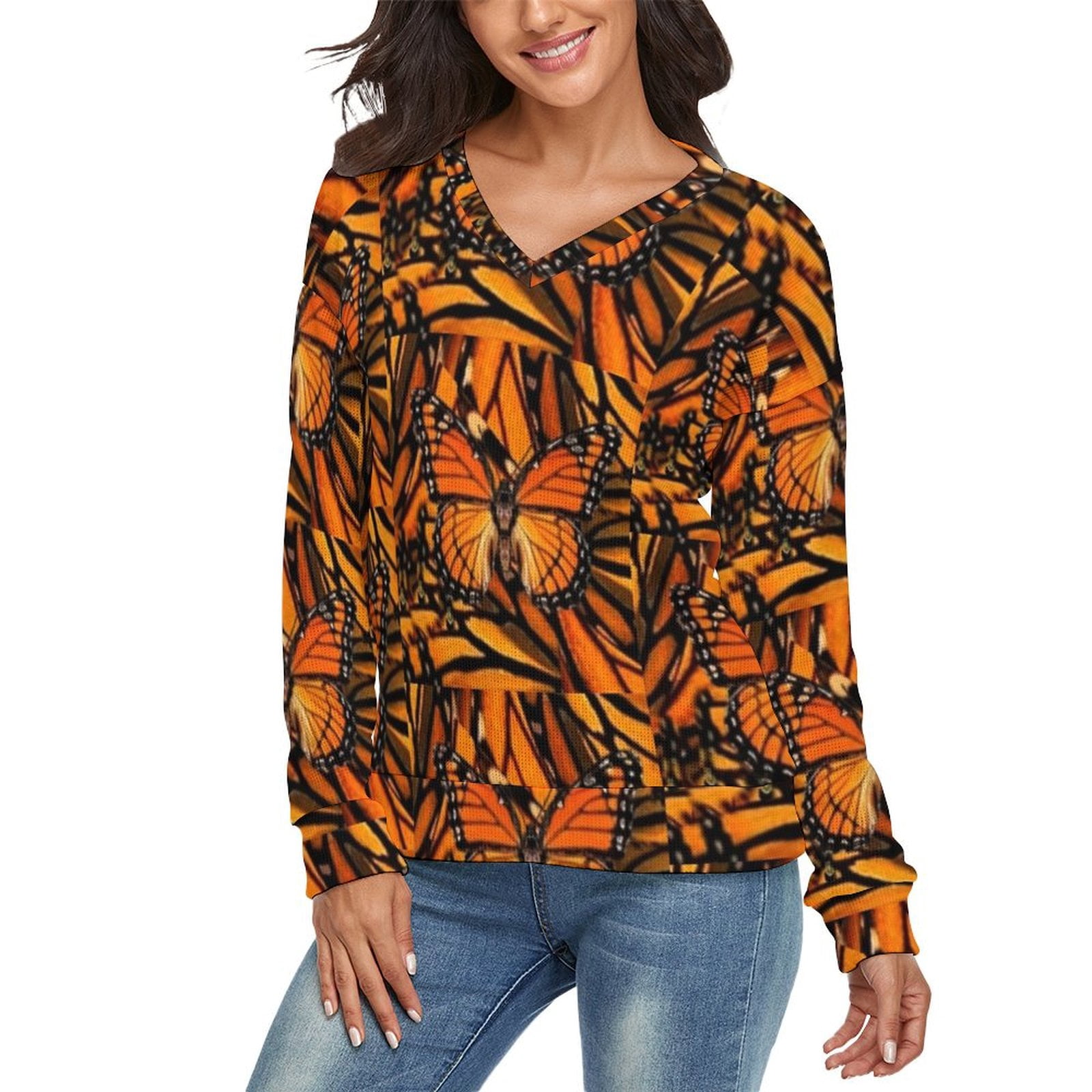 ORANGE MONARCH BUTTERFLY PATTERNED V-neck Sweater Winter Clothes Long ...