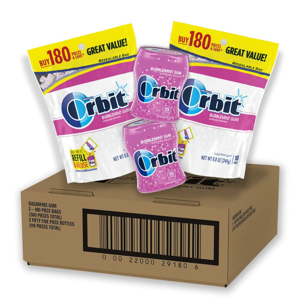 ORBIT Bubblemint Sugar-Free Chewing MFF30 Gum Bulk Pack, 2 Bags - 180 Pieces & 2 Bottles - 55 ...