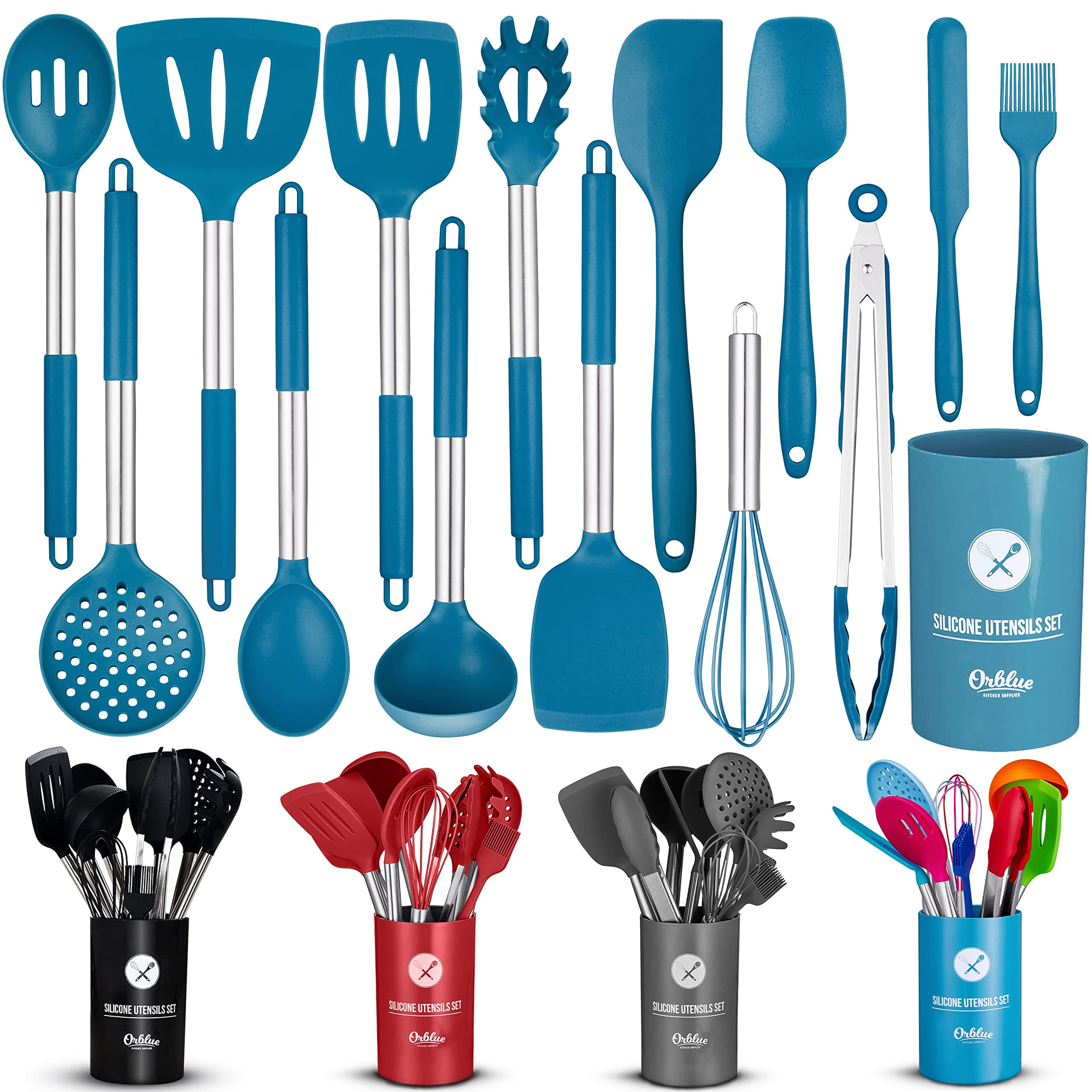 ORBLUE Silicone Cooking Utensil Set, 14-Piece Kitchen Utensils with ...