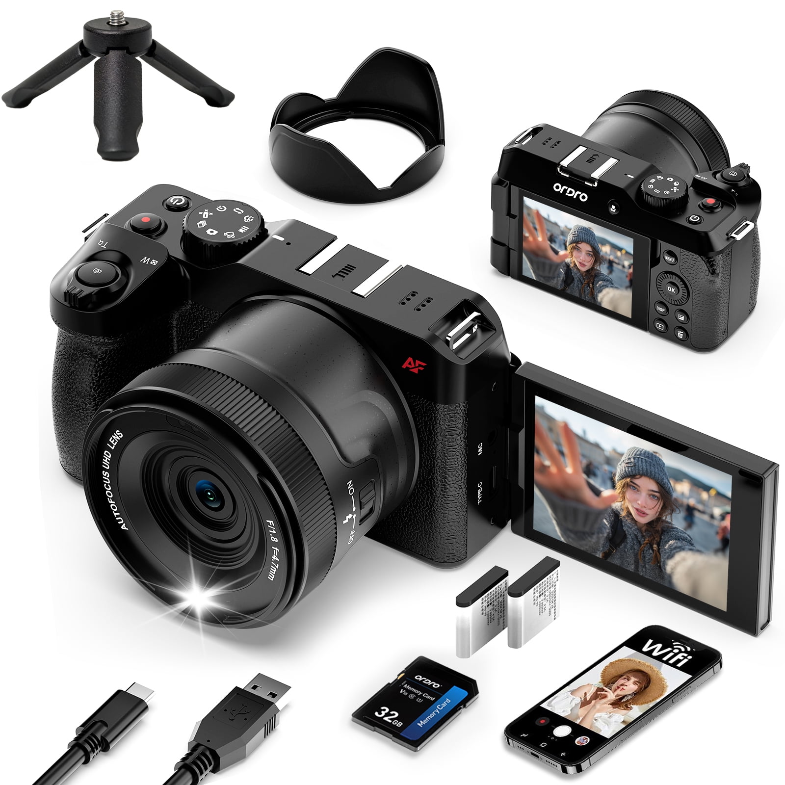 ORDRO Digital Camera 4K 60FPS Vlog Cameras 18X Digital Zoom Compact ...