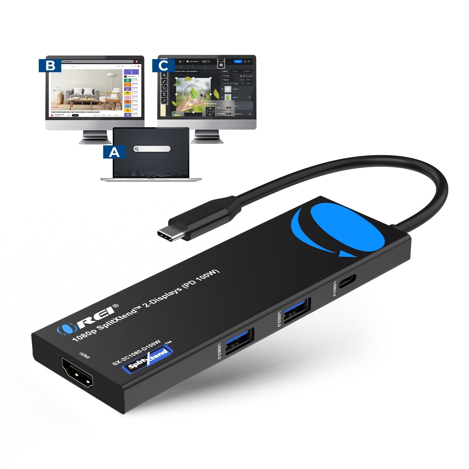 OREI 1080p SplitXtend™ 2-Displays (PD 100W) - (SX-2C1080-D100W ...