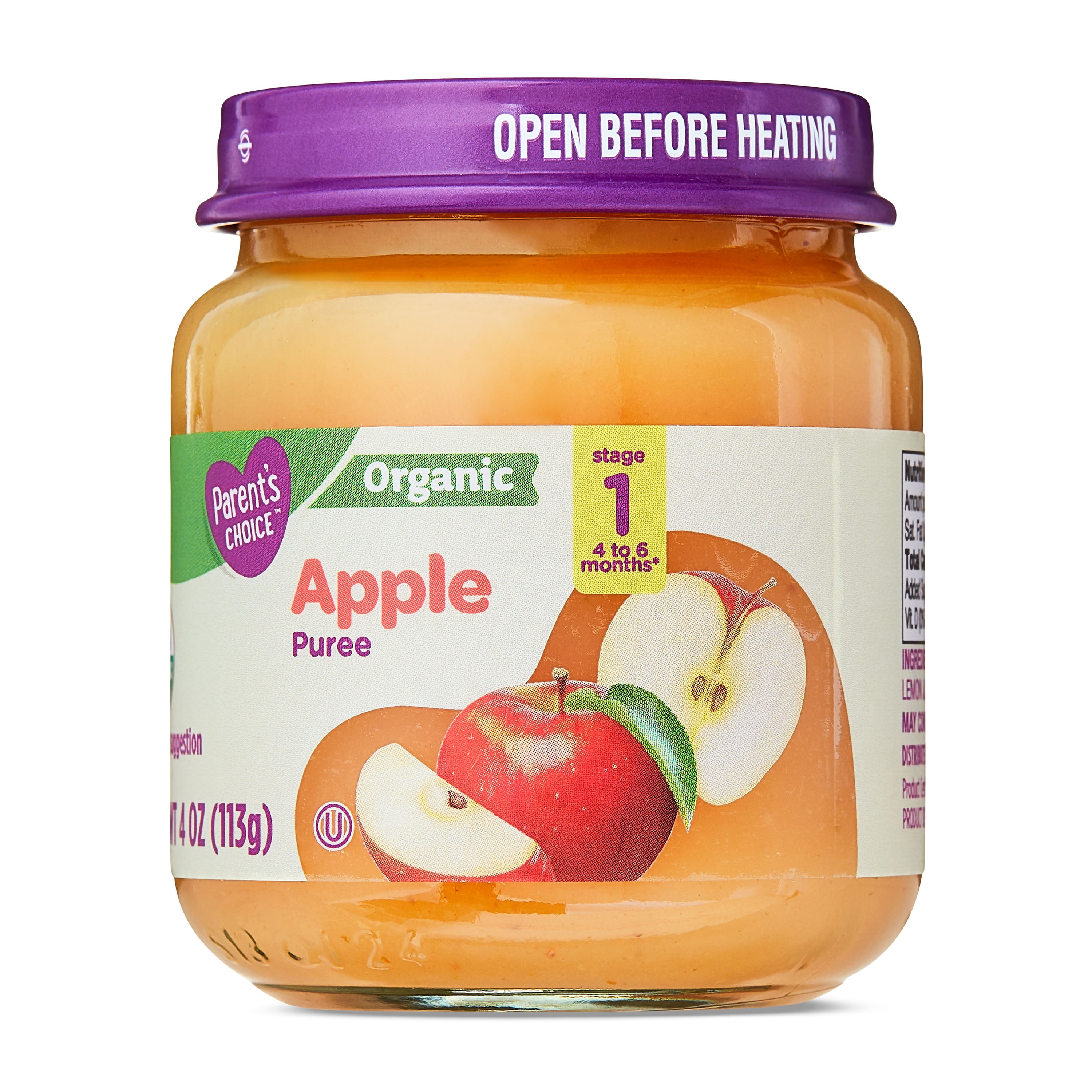 Parent's Choice Baby Food Apple Puree 4 oz Jar Stage 1 for 4-6 Months ...