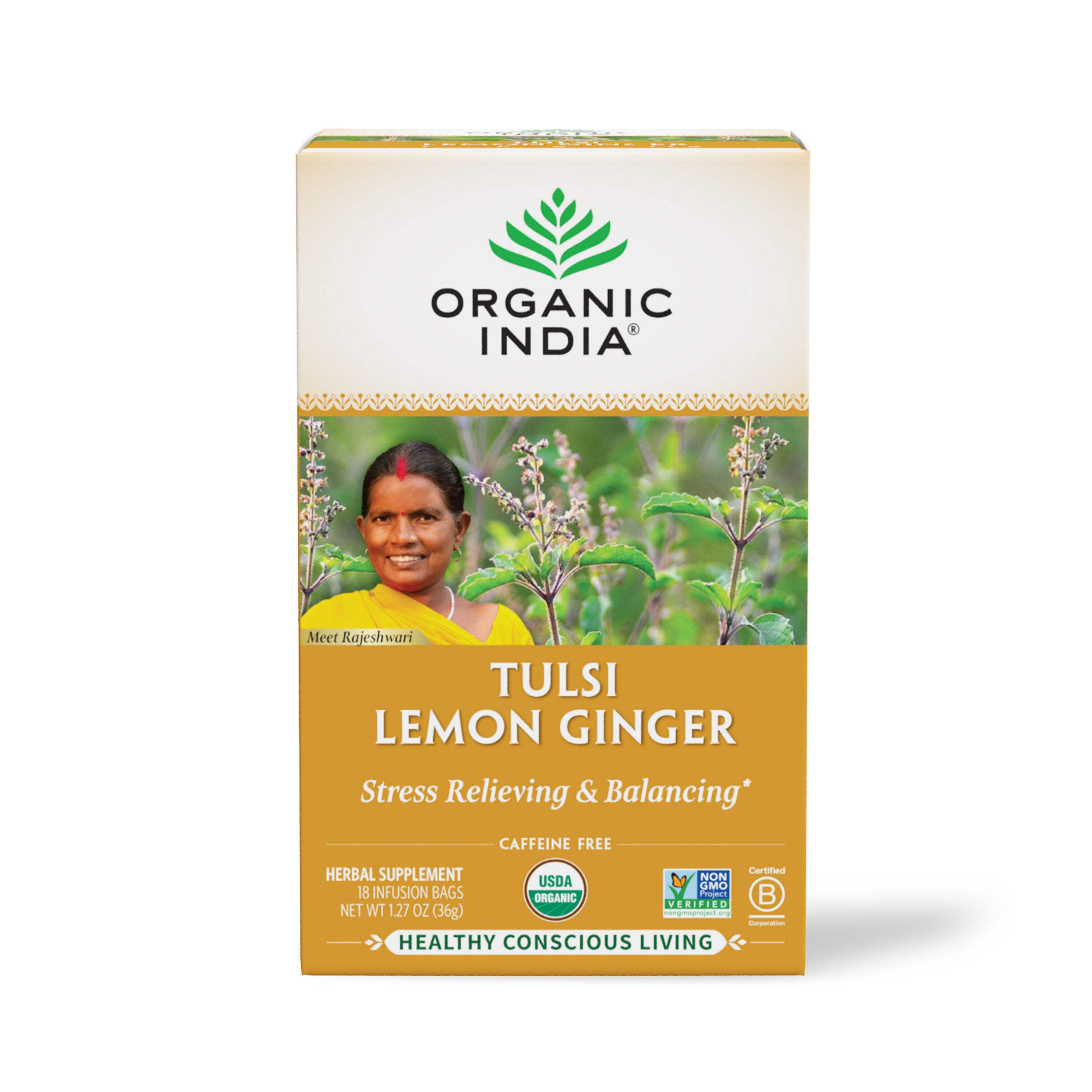 Organic India Tulsi Lemon Ginger Tea, Caffeine-Free Herbal Blend, Rich ...