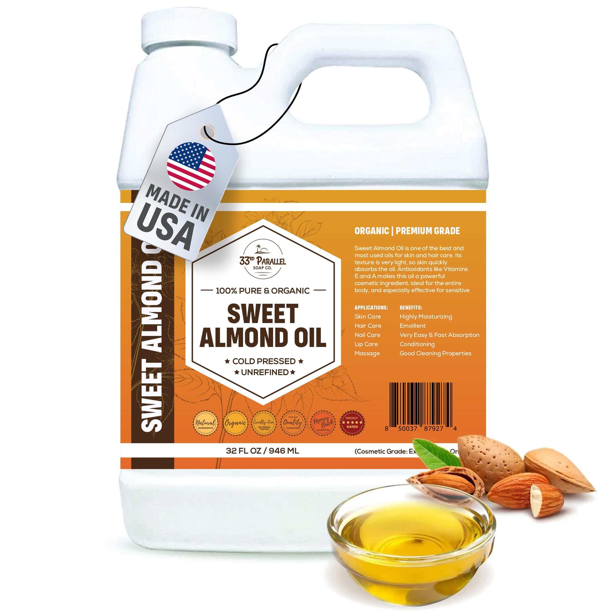 ORGANIC SWEET ALMOND OIL DPF11 (32 oz) Premium Cold Pressed Unrefined ...