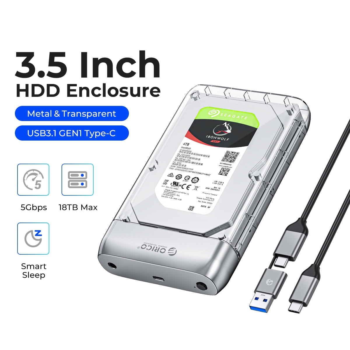 ORICO 3.5 inch Type-C 5Gbps External Hard Drive Enclosure Metal HDD Case for PC Laptop,with ...