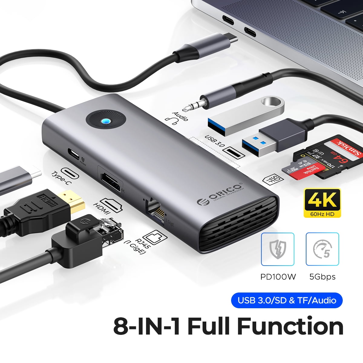 ORICO 8-in-1 USB C Docking Station USB C to 4K HDMI Adapter with 100W PD 2 USB Port 5 Gbps, SD ...
