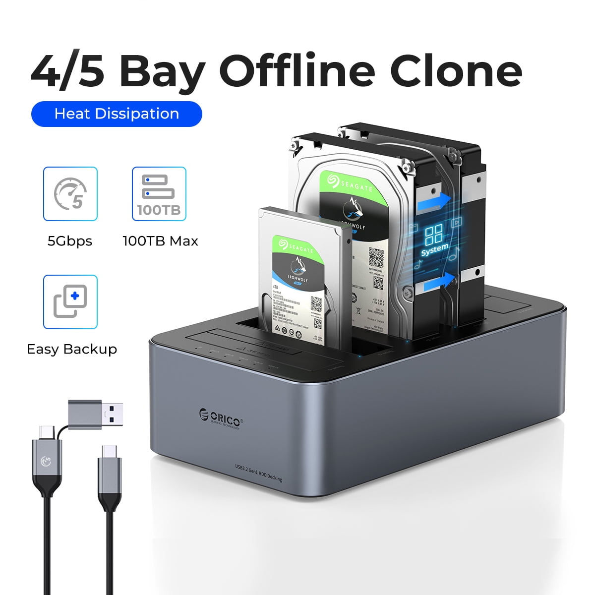 ORICO External 5 Bay Aluminum SATA Hard Drive Docking Station Type-C 2. ...