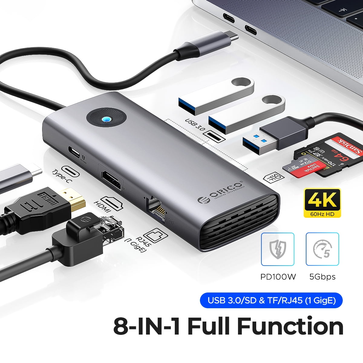 ORICO USB C Docking Station,8 in 1 USB C Dongle with HDMI 4K+PD100W+3*USB3.0+Ethernet+SD/TF, USB ...