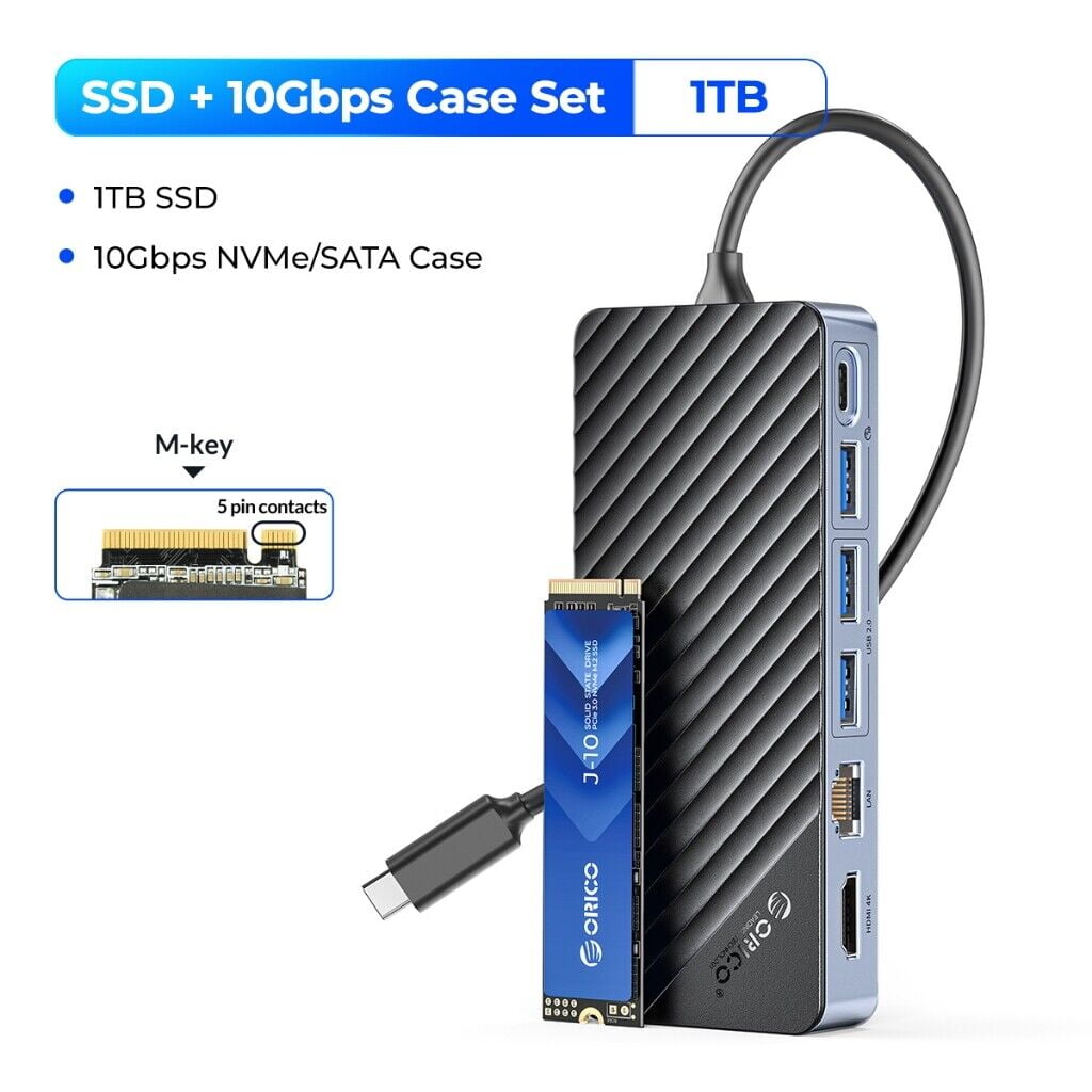 ORICO USB C HUB M.2 Enclosure with 1Tb M.2 SSD NVMe 10Gbps Laptop Docking Station with 4K 60Hz ...