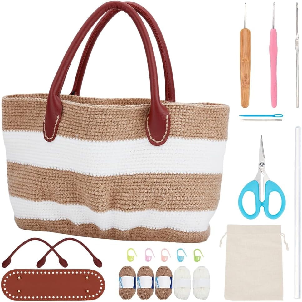 ORIGACH DIY Crochet Handbag Kit for Beginners, Khaki Striped Crochet ...
