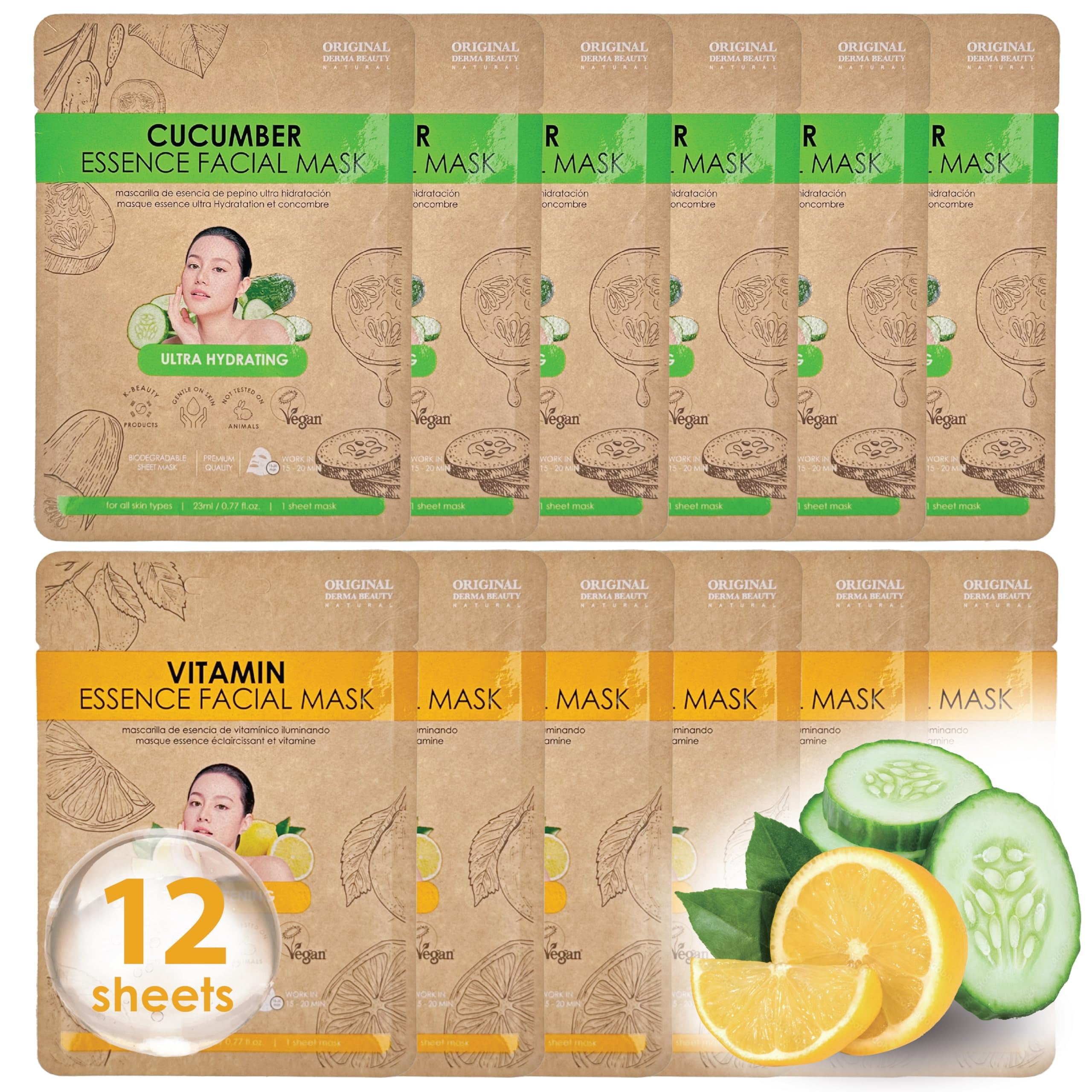 ORIGINAL DERMA BEAUTY 12 PK Vegan Face Masks for Skincare - Brightening ...