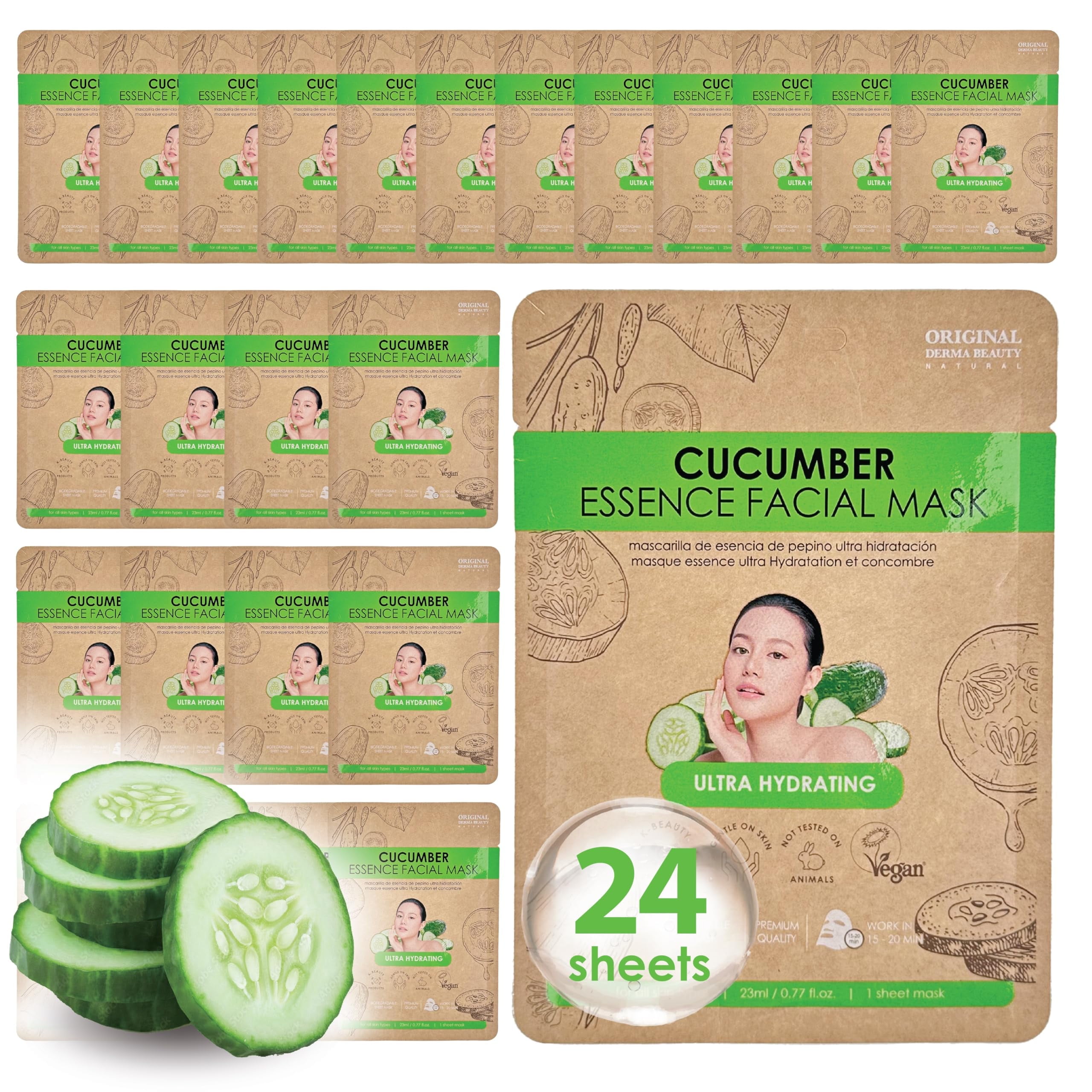 ORIGINAL DERMA BEAUTY 24PK Cucumber Essence Face Masks for Skincare ...