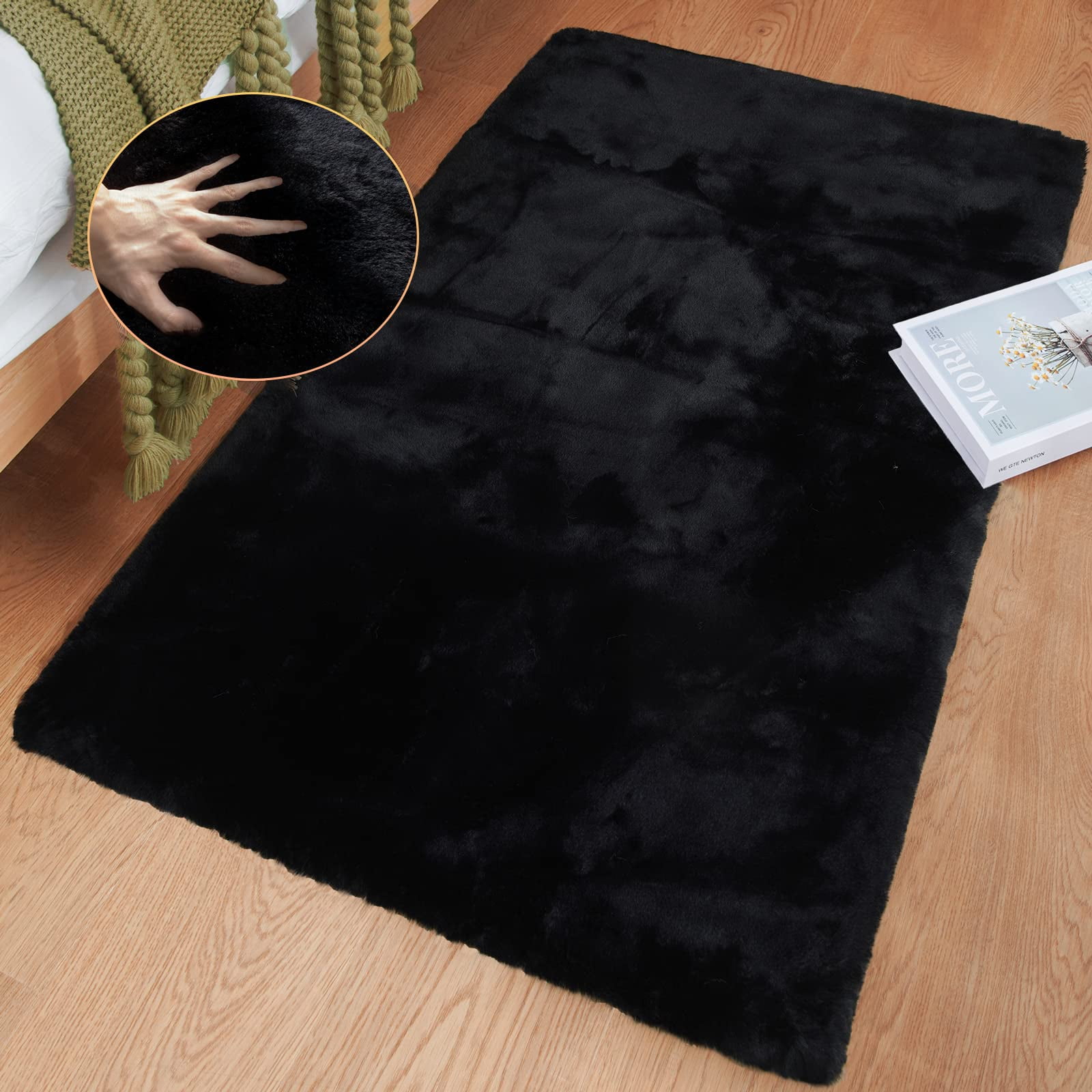 ORINOVA Black Faux Rabbit Fur Machine Washable Area Rugs For Bedroom ...