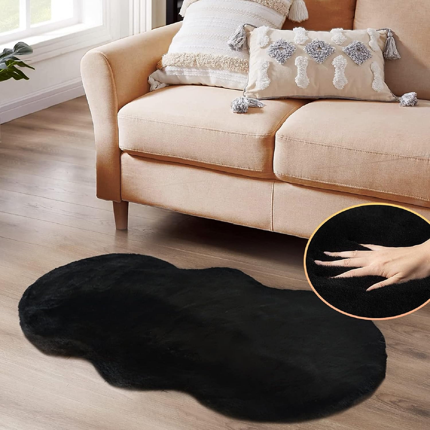 Orinova Black Faux Rabbit Fur Rug, Washable Fluffy 2x4 Area Carpet for ...