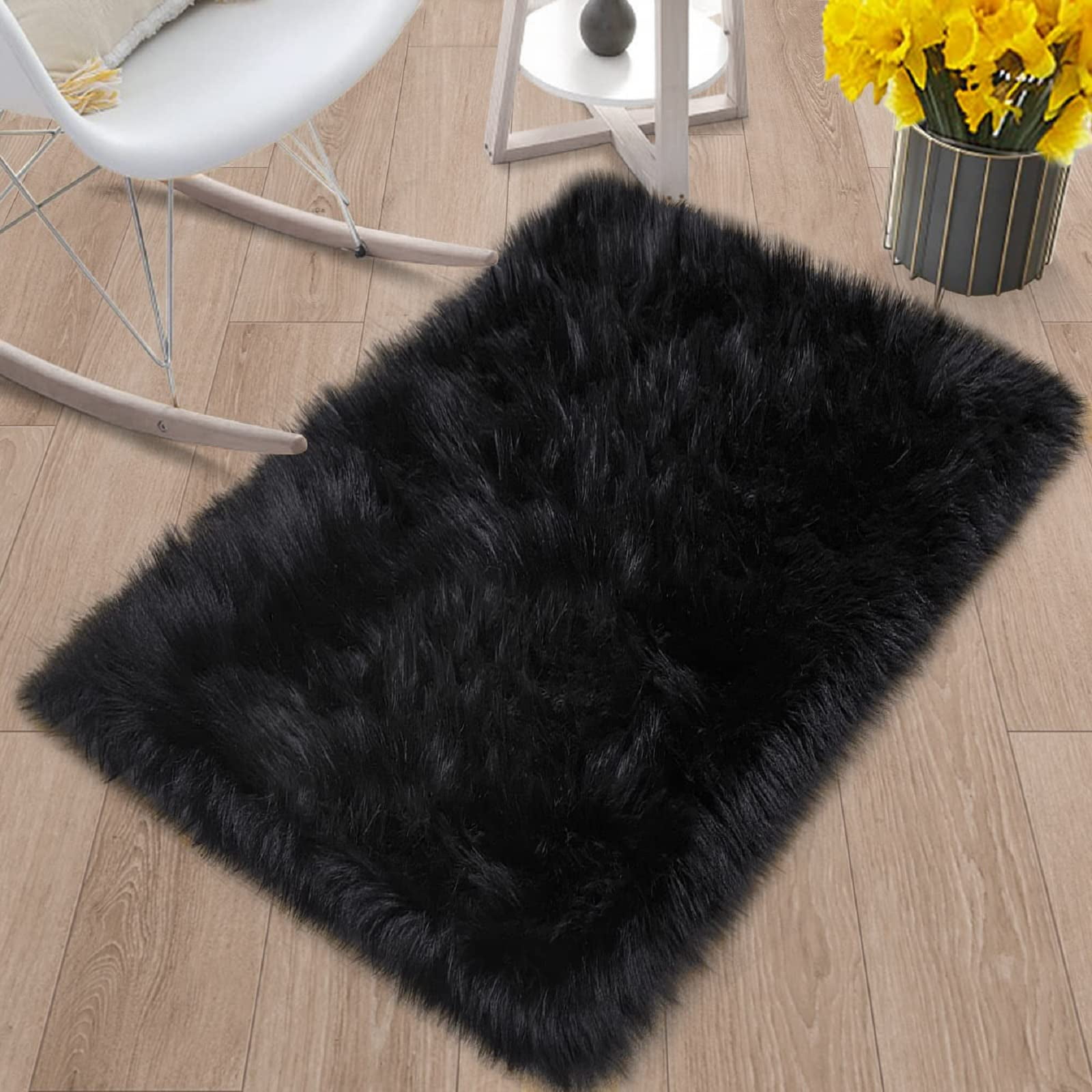 ORINOVA Black Faux Sheepskin Washable Fluffy Fur Area Rugs For Bedroom ...
