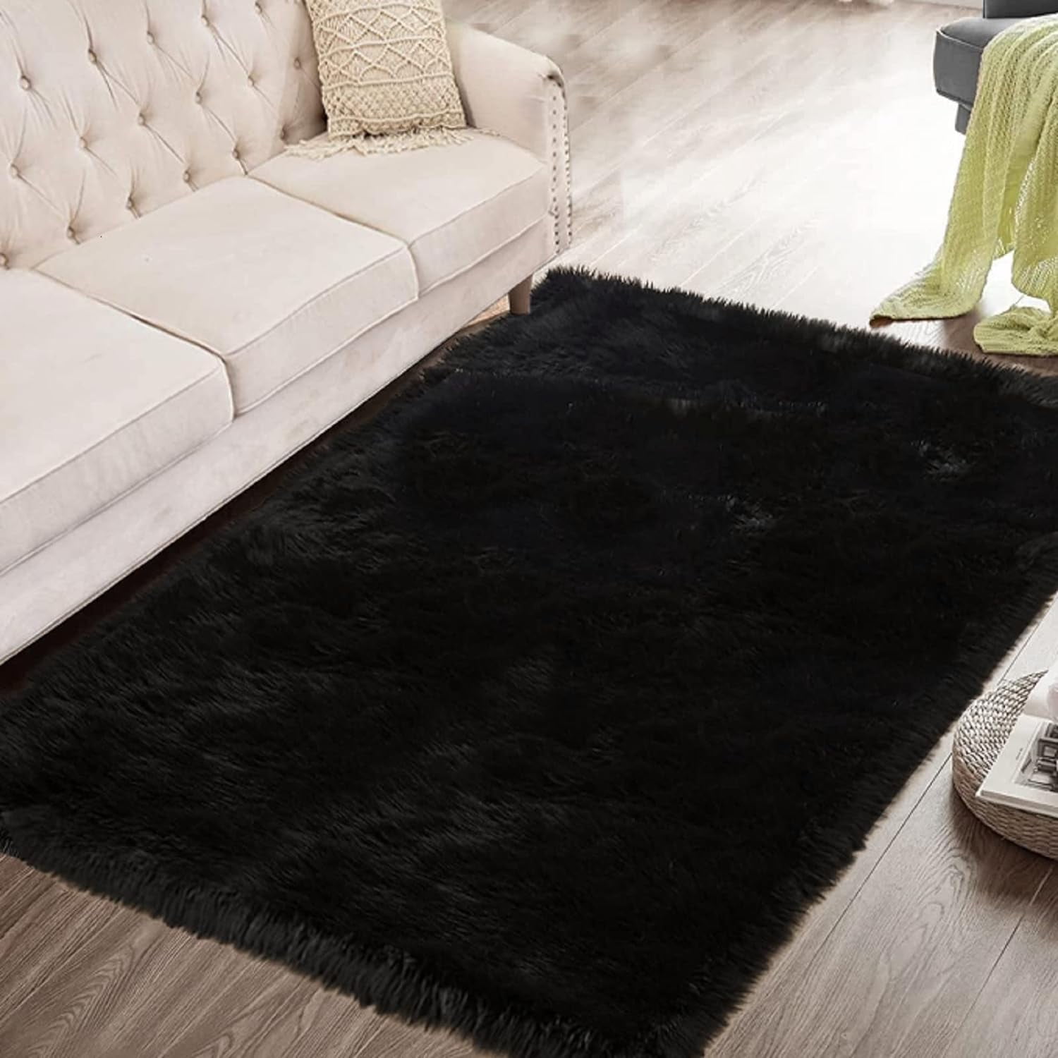 ORINOVA Black Fuzzy Faux Sheepskin Shaggy Fur Rugs For Bedroom Machine ...