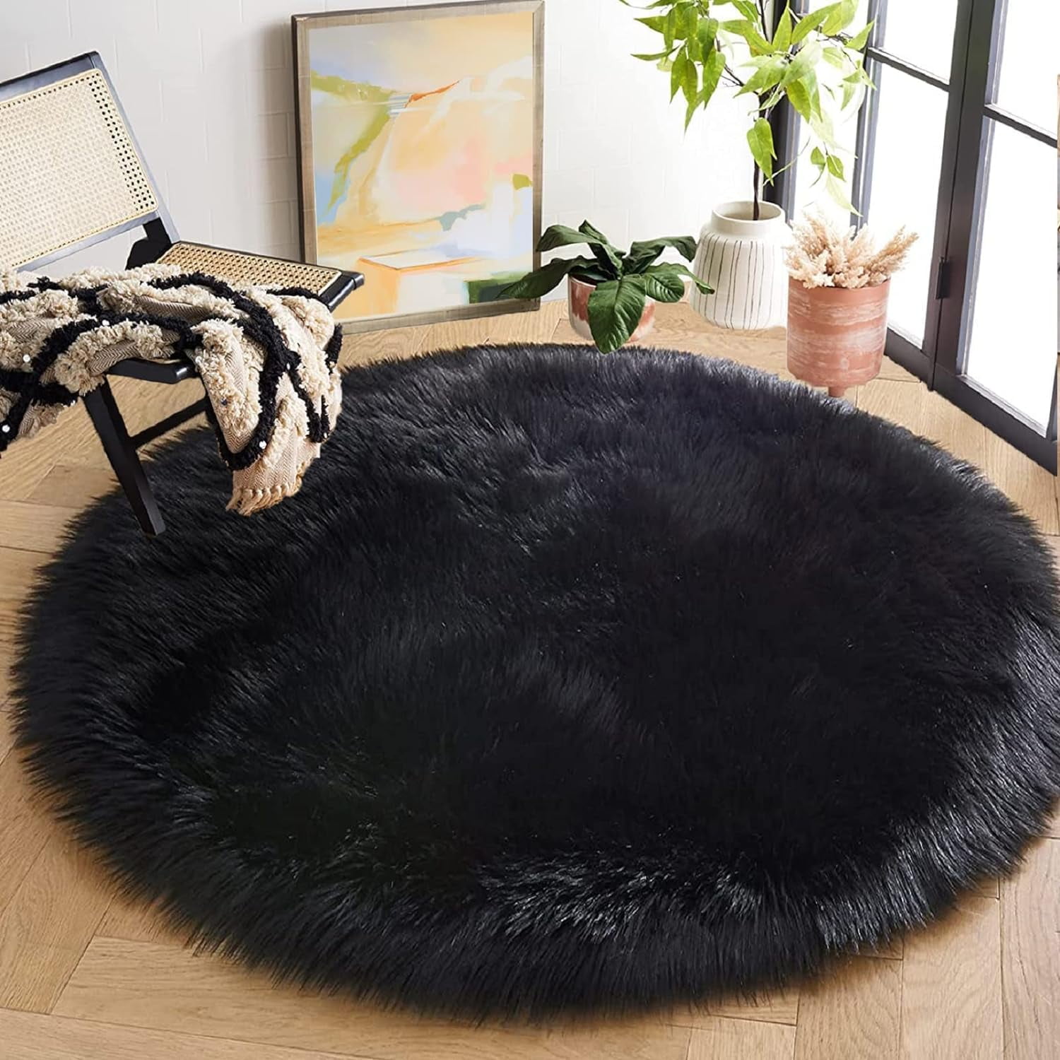 ORINOVA Black Fuzzy Living Room Washable Area Rugs For Bedroom Shag ...