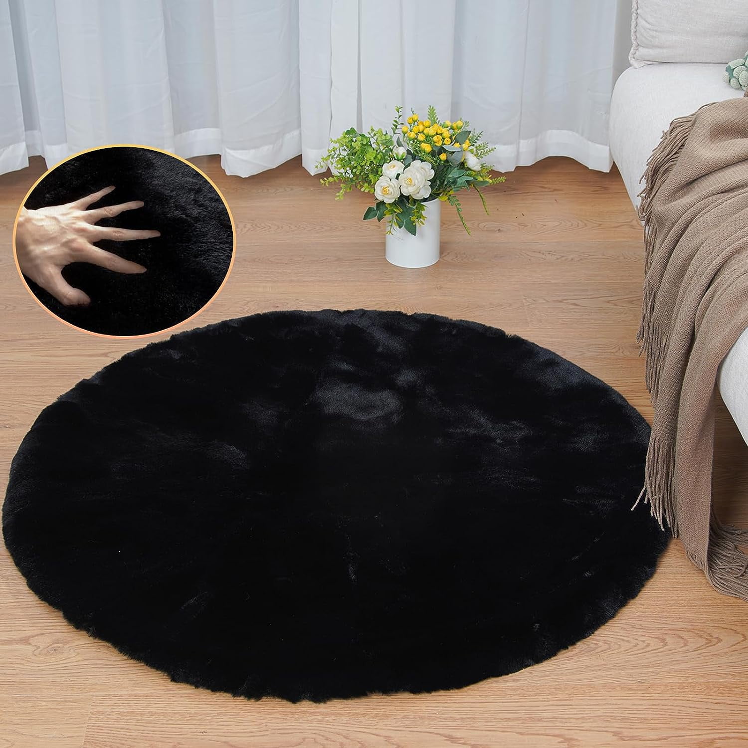 Free Shipping! ORINOVA Black Round Fluffy Rugs For Bedroom Faux Rabbit ...