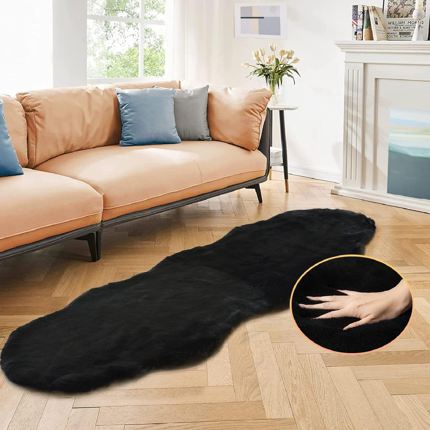 ORINOVA Black Shag Washable Fluffy Fur Area Rugs For Bedroom Living ...