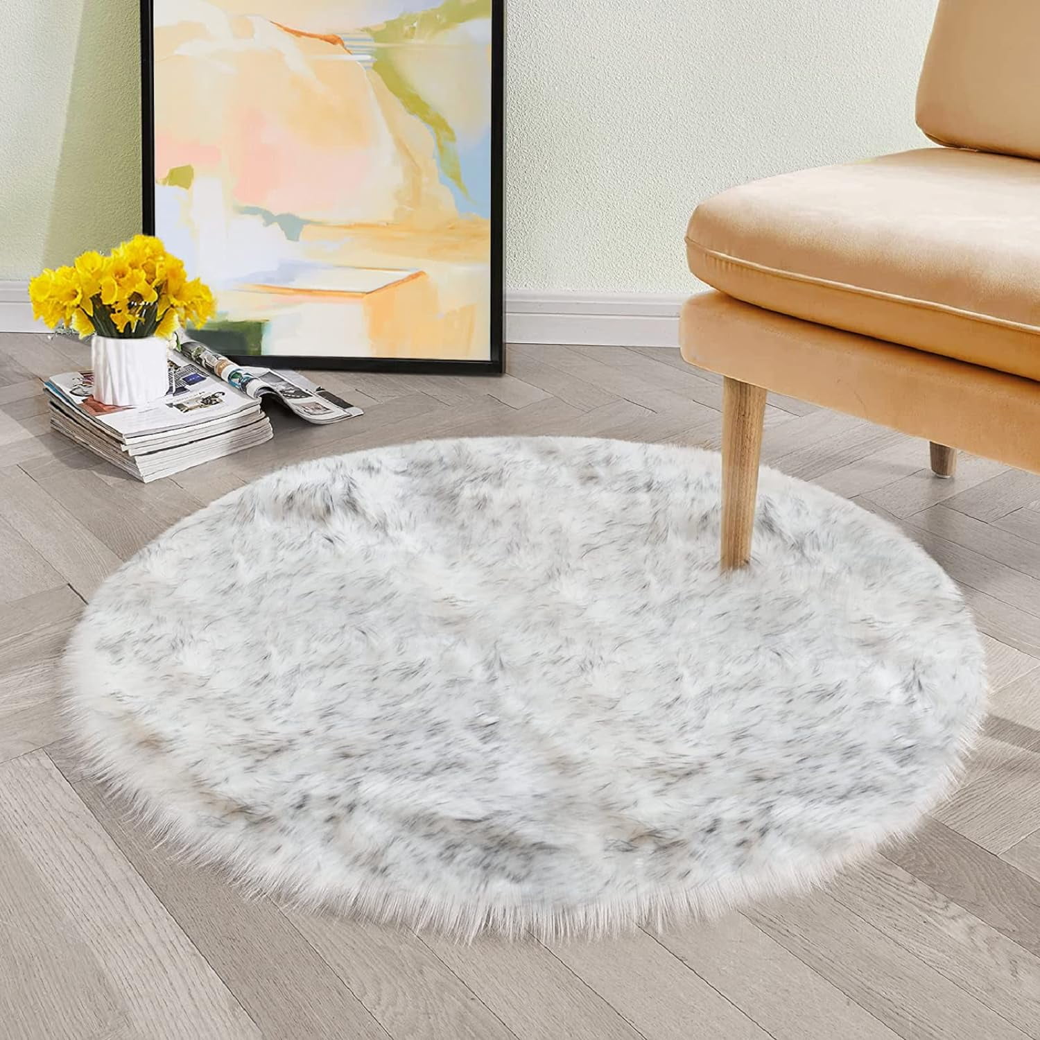 Orinova Grey And White Washable Shaggy Round Rug, Faux Sheepskin, 5ft ...