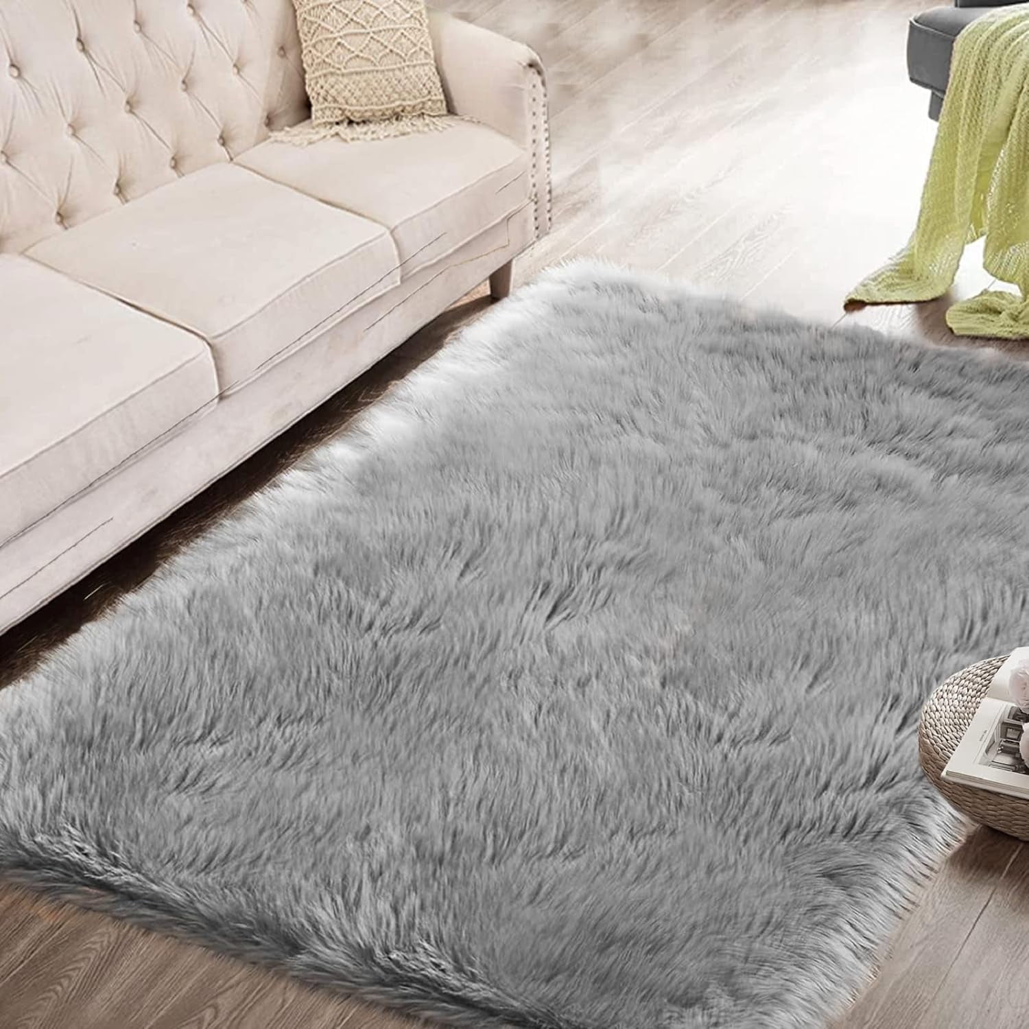 ORINOVA Light Grey Furry Washable Sheepskin Fur Area Rugs For Living Room Faux Fluffy Fur Rug ...