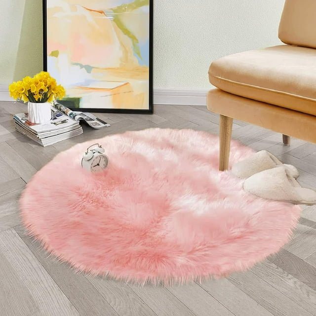 ORINOVA Pink Washable Fluffy Circle Rugs For Bedroom Small Faux Sheepskin Shag Fur Round Rugs ...