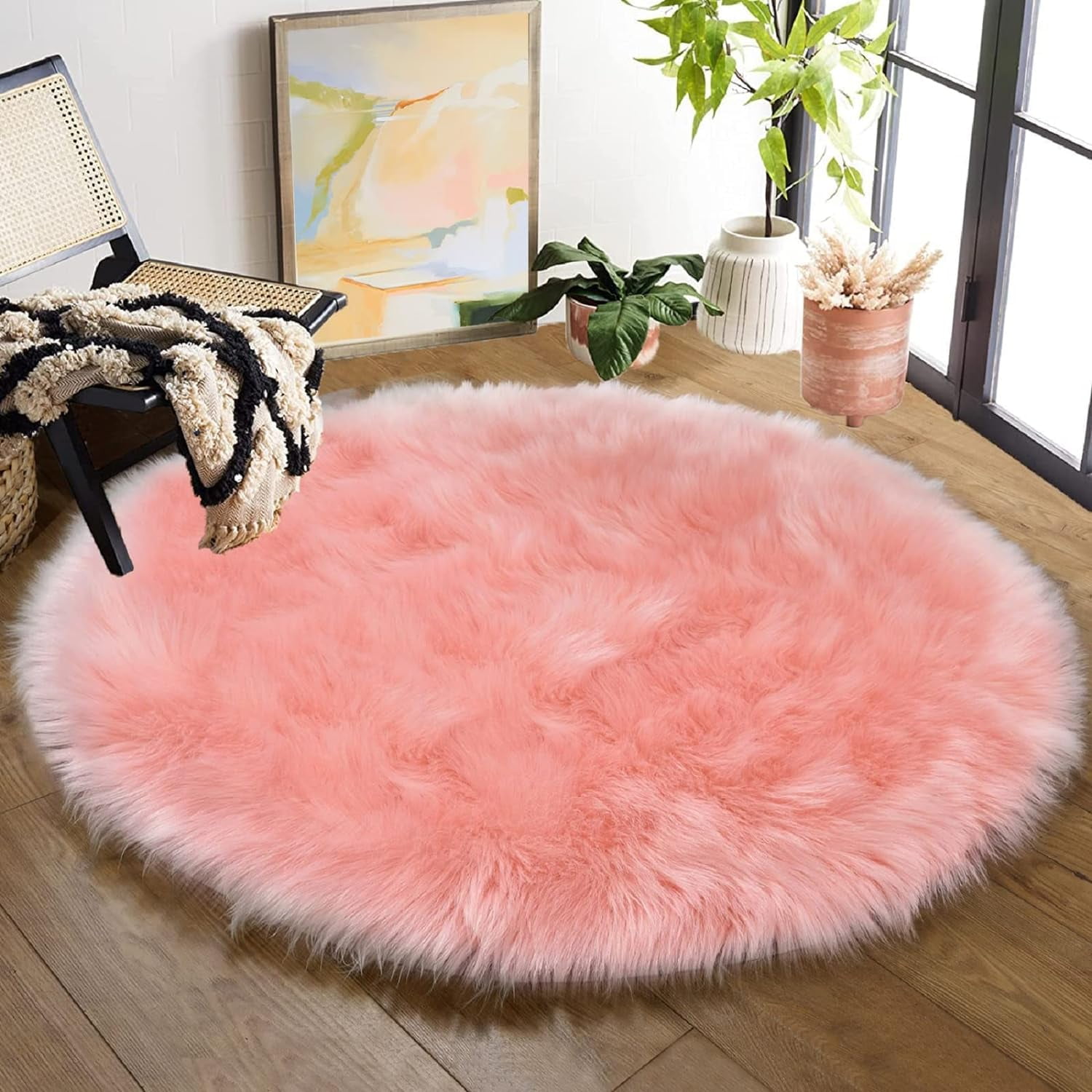 ORINOVA Pink Washable Shag Round Rugs 6.6ft Soft Plush Faux Sheepskin ...