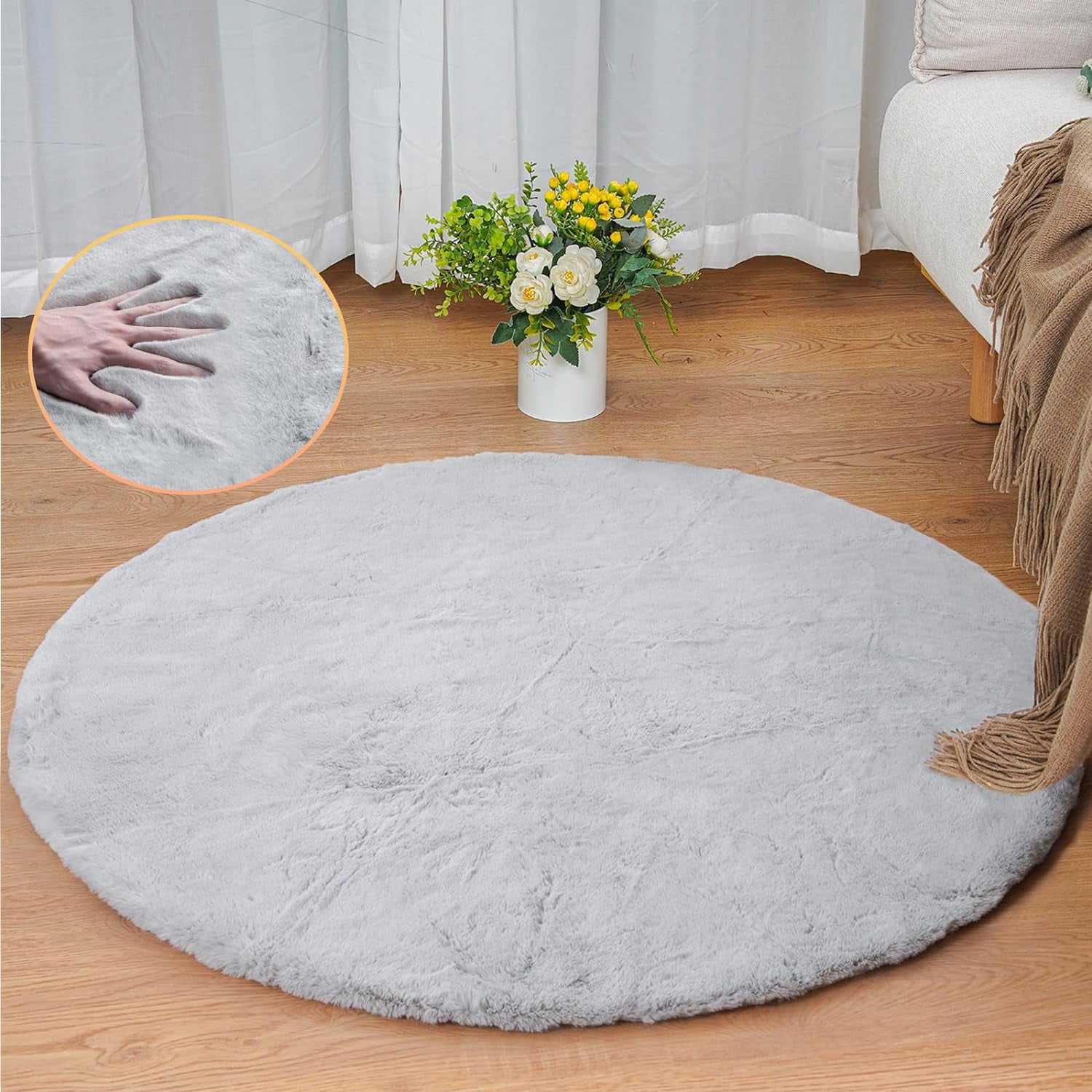 ORINOVA Round Furry Rugs For Living Room Faux Rabbit Fluffy Fur Rug For ...