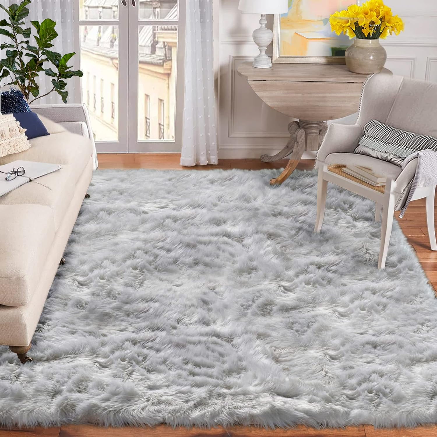 ORINOVA Shag Rug 6x9 Area Rugs For Bedroom Silver Grey Fluffy Machine ...