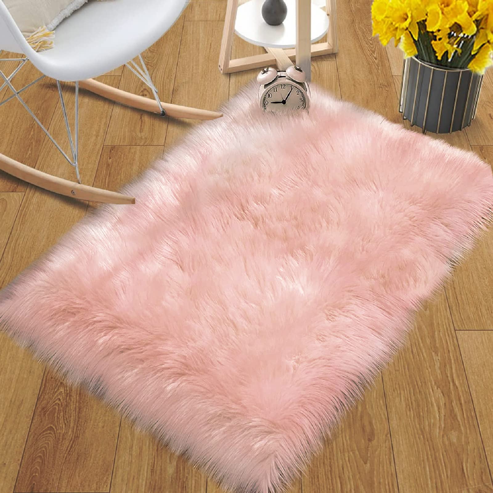ORINOVA Small Pink Fluffy Sheepskin Fur Area Rugs For Bedroom Washable ...