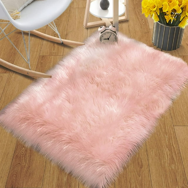 ORINOVA Small Pink Fluffy Sheepskin Fur Area Rugs For Bedroom Washable ...