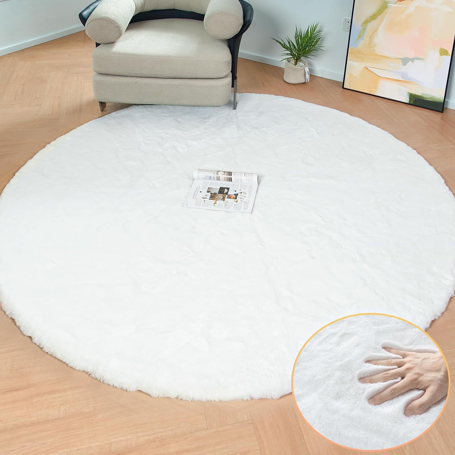 ORINOVA White Faux Rabbit Shag Fur Round Rugs 8ft For Dining Room Table ...