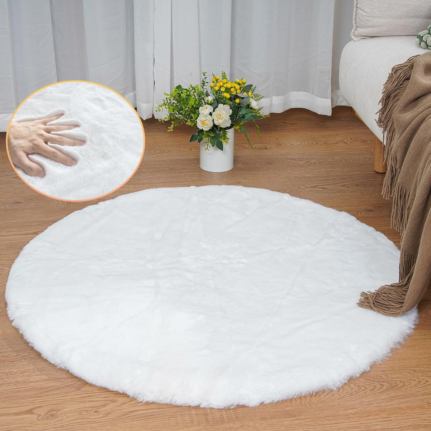 Orinova White Faux Rabbit Fur Round Rug, 3ft, Fluffy Washable Area Rug ...