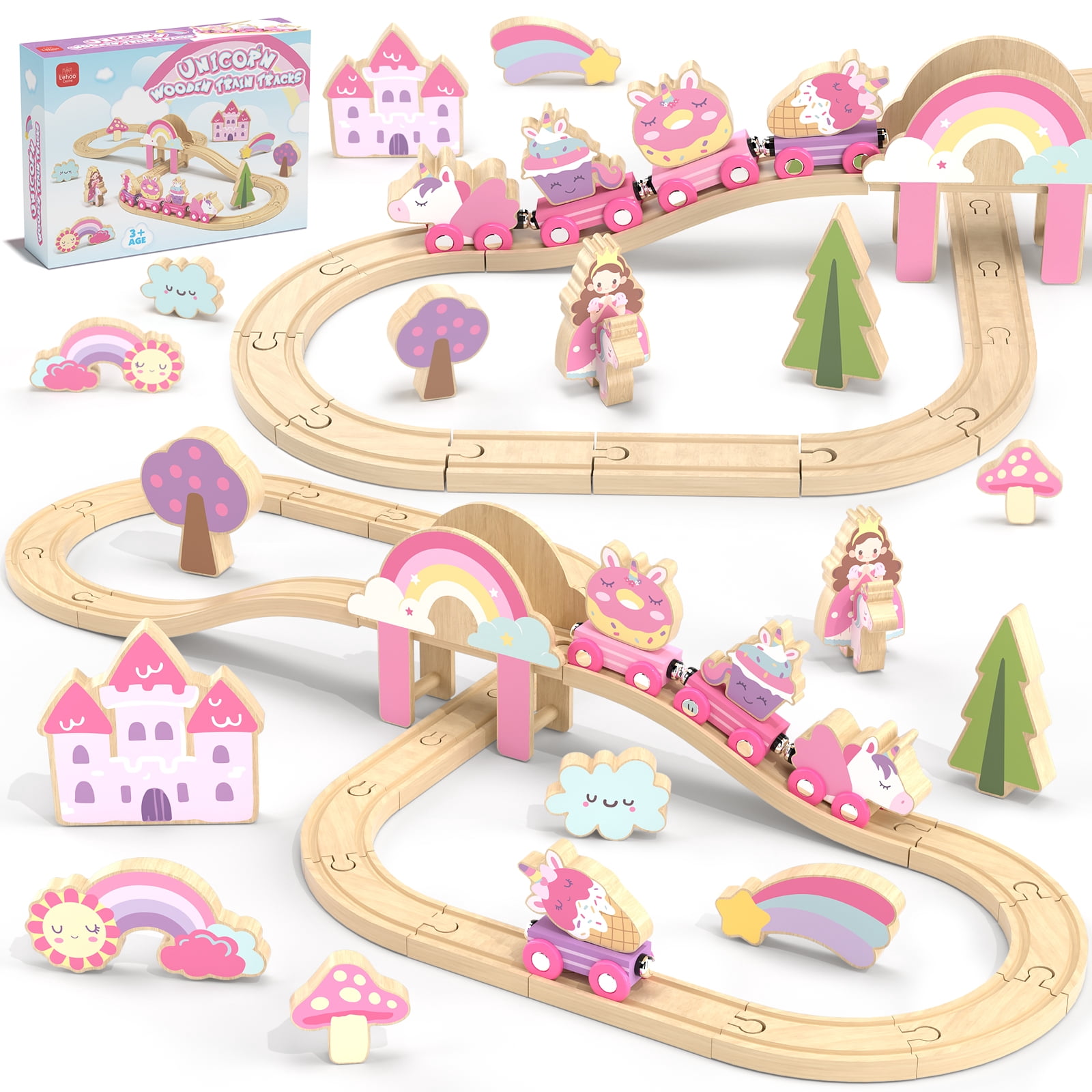 OROLIVING Train Toy, 39 Pcs Wooden Train Set for Kids 2-5 Years ...