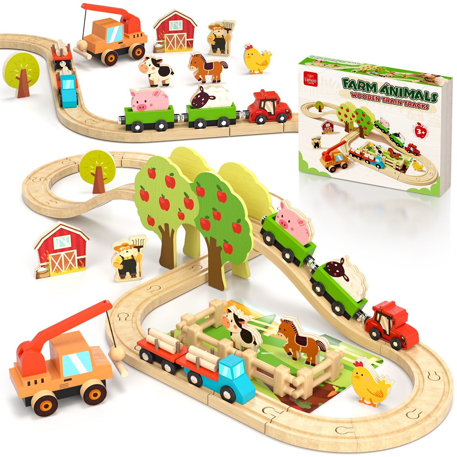 OROLIVING Wooden Train Set, Toddler Farm Track Toy, 72-Piece with ...