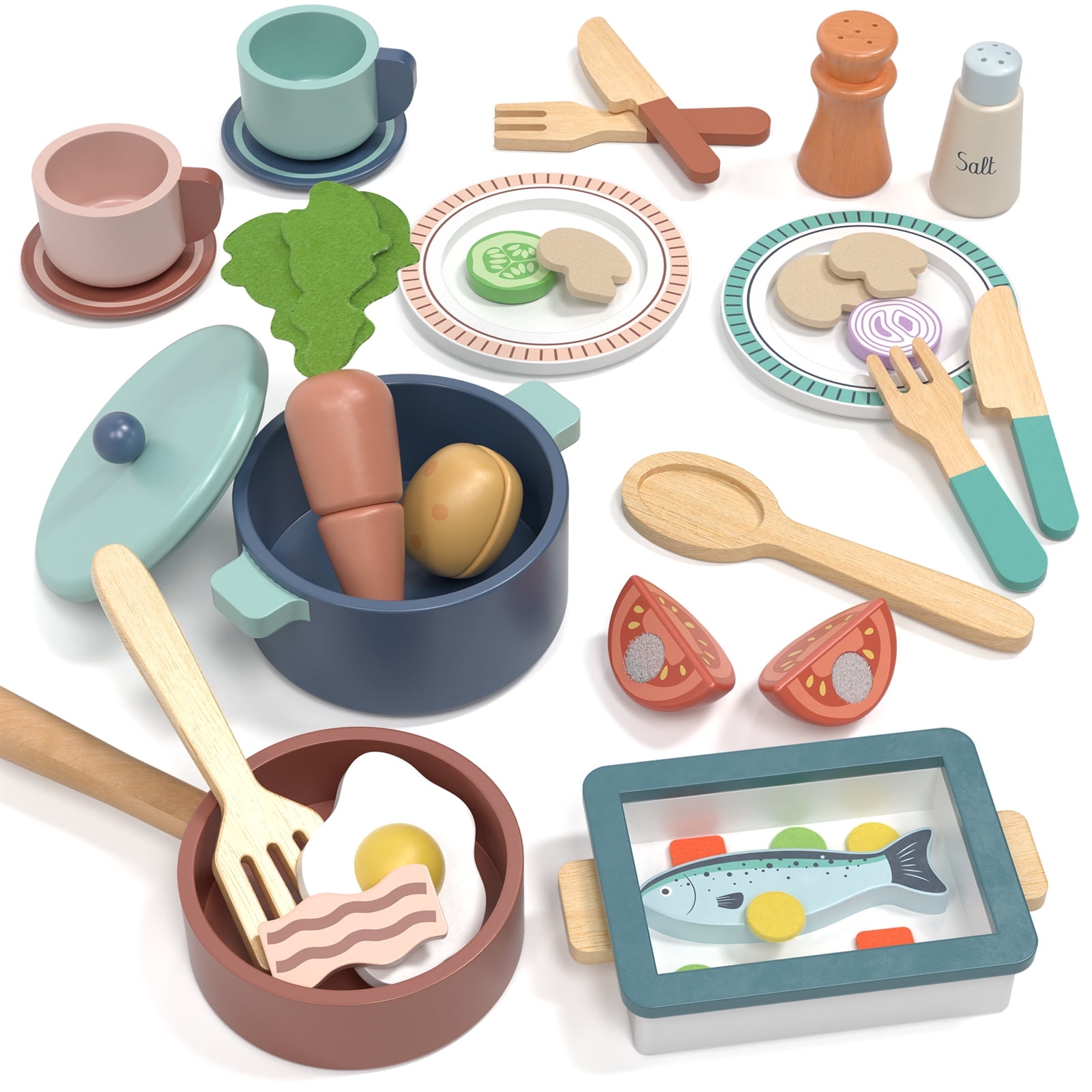 Play Food Set, Kids Kitchen Play Set, Wooden Play Food Set for Kids ...