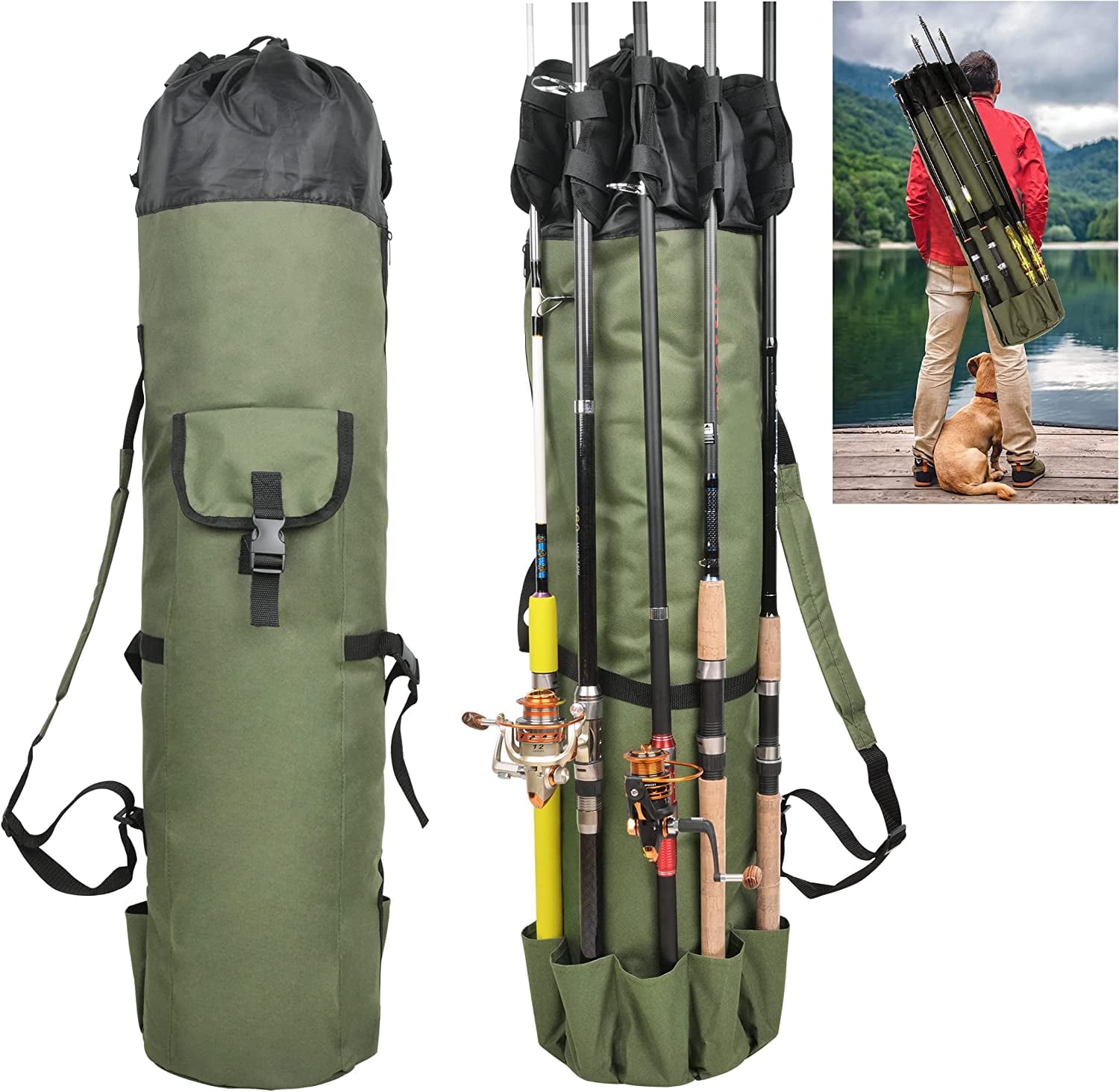 OROOTL Waterproof Fishing Pole Bag with 5 Rod Holder, Travel Tackle Box and Gear Organizer ...