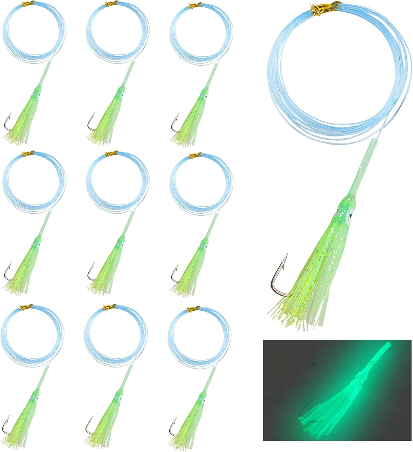OROOTL Fishing Squid Skirt Octopus Bait Rigs, 10pcs Glow in The Dark Saltwater Trolling Lure ...
