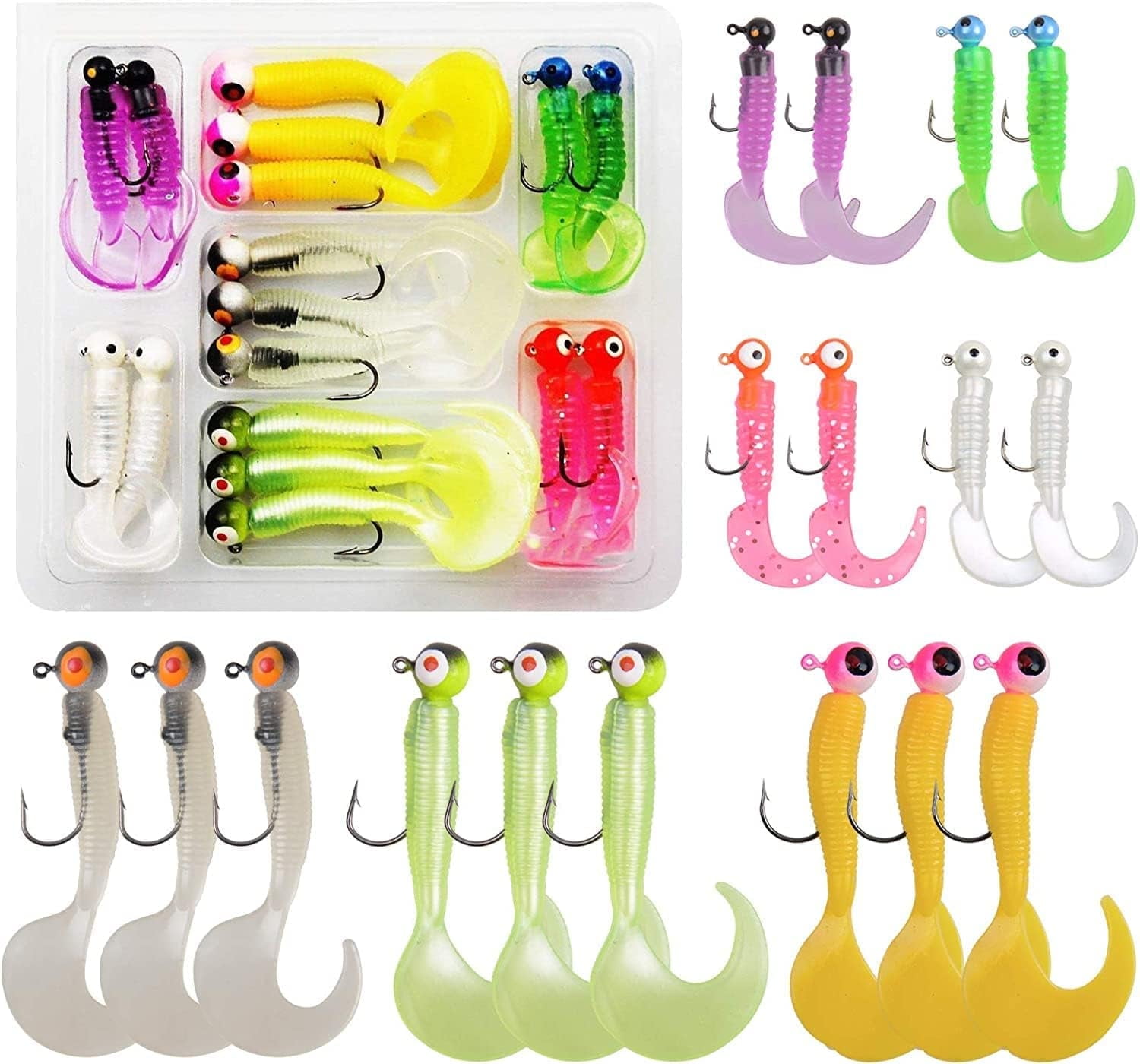 OROOTL Grub Lures Fishing Jigs Head Hooks Kit- Soft Plastic Grub Tail ...