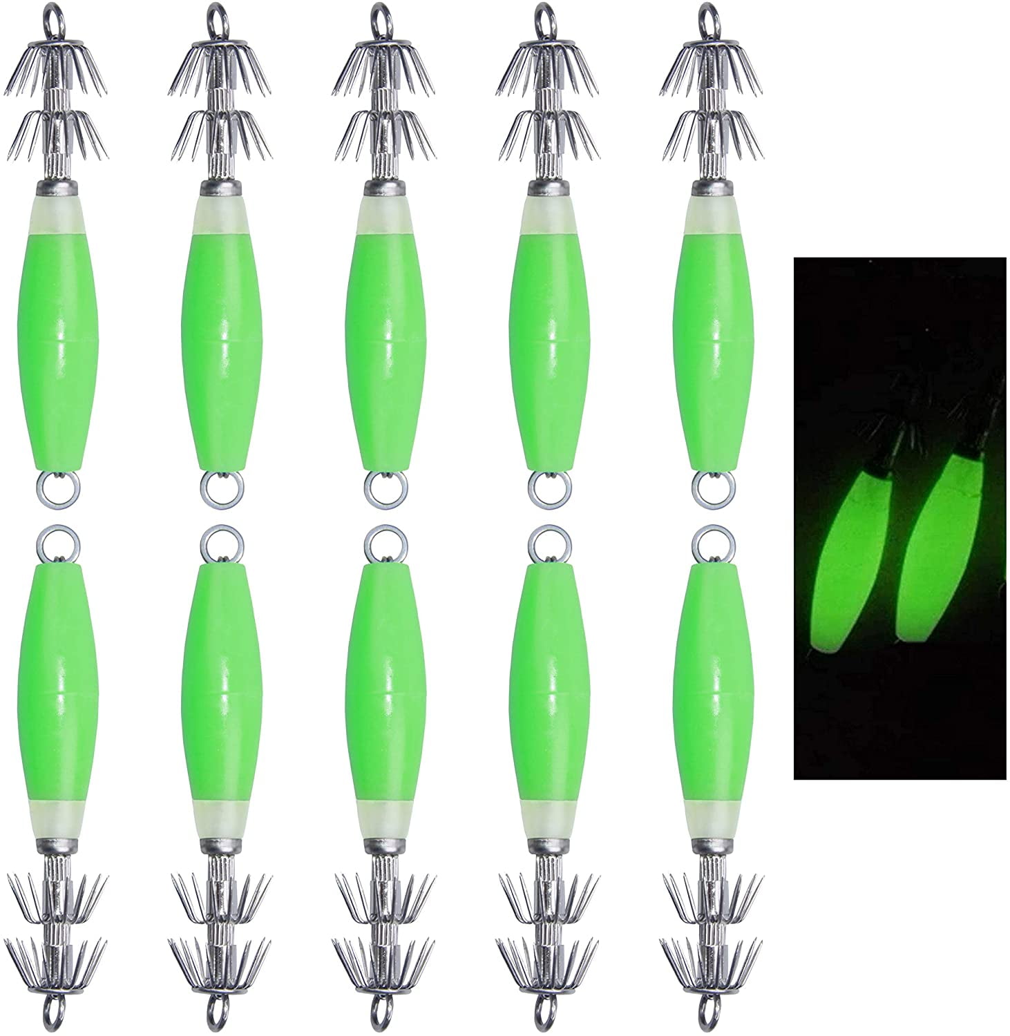 OROOTL Luminous Squid Fishing Jig Hooks, 10pcs Glow Squid Hooks ...