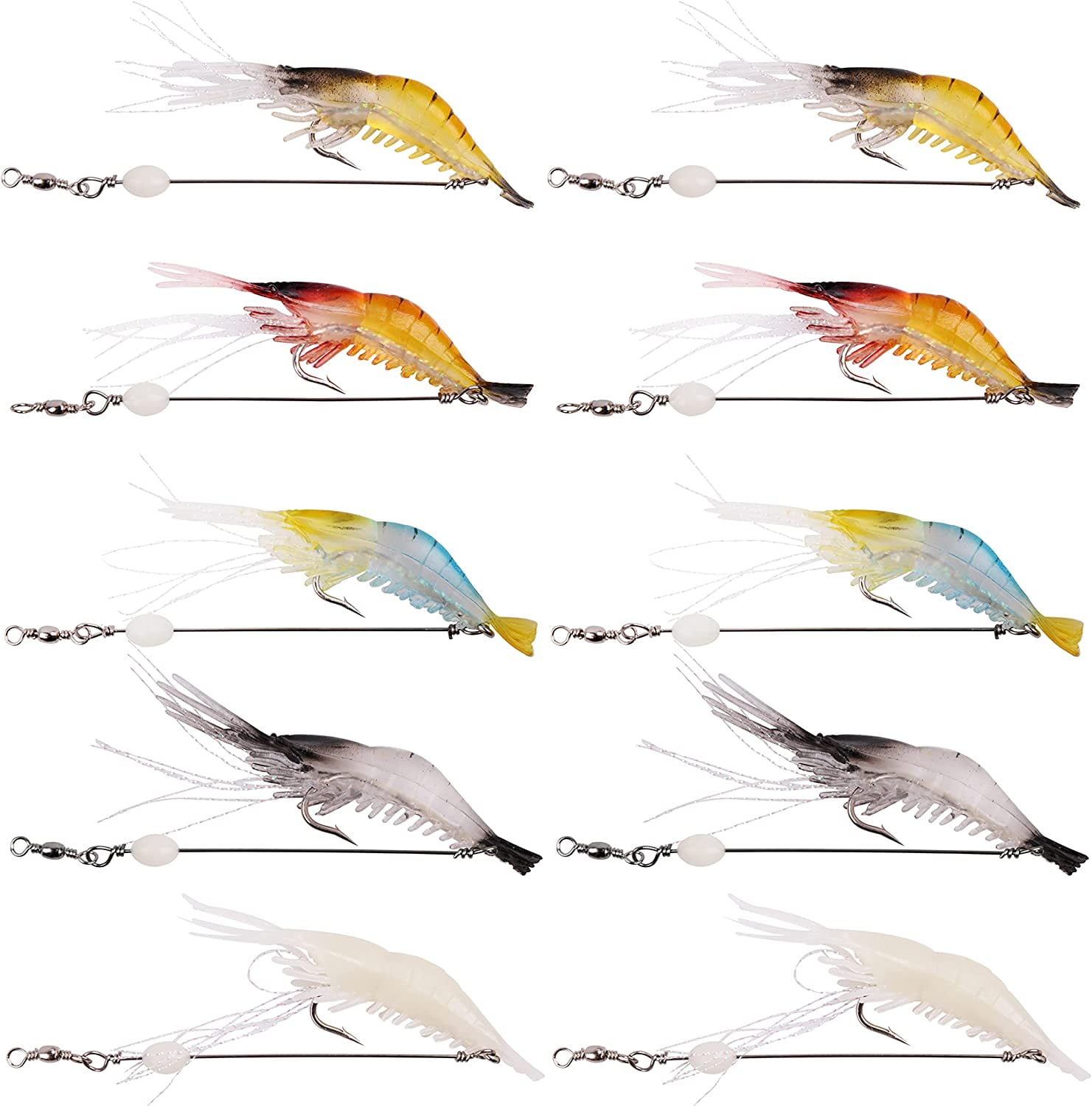 OROOTL Soft Shrimp Lures Set, 10pcs Fishing Luminous Bait with Sharp Hooks for Trout, Bass ...