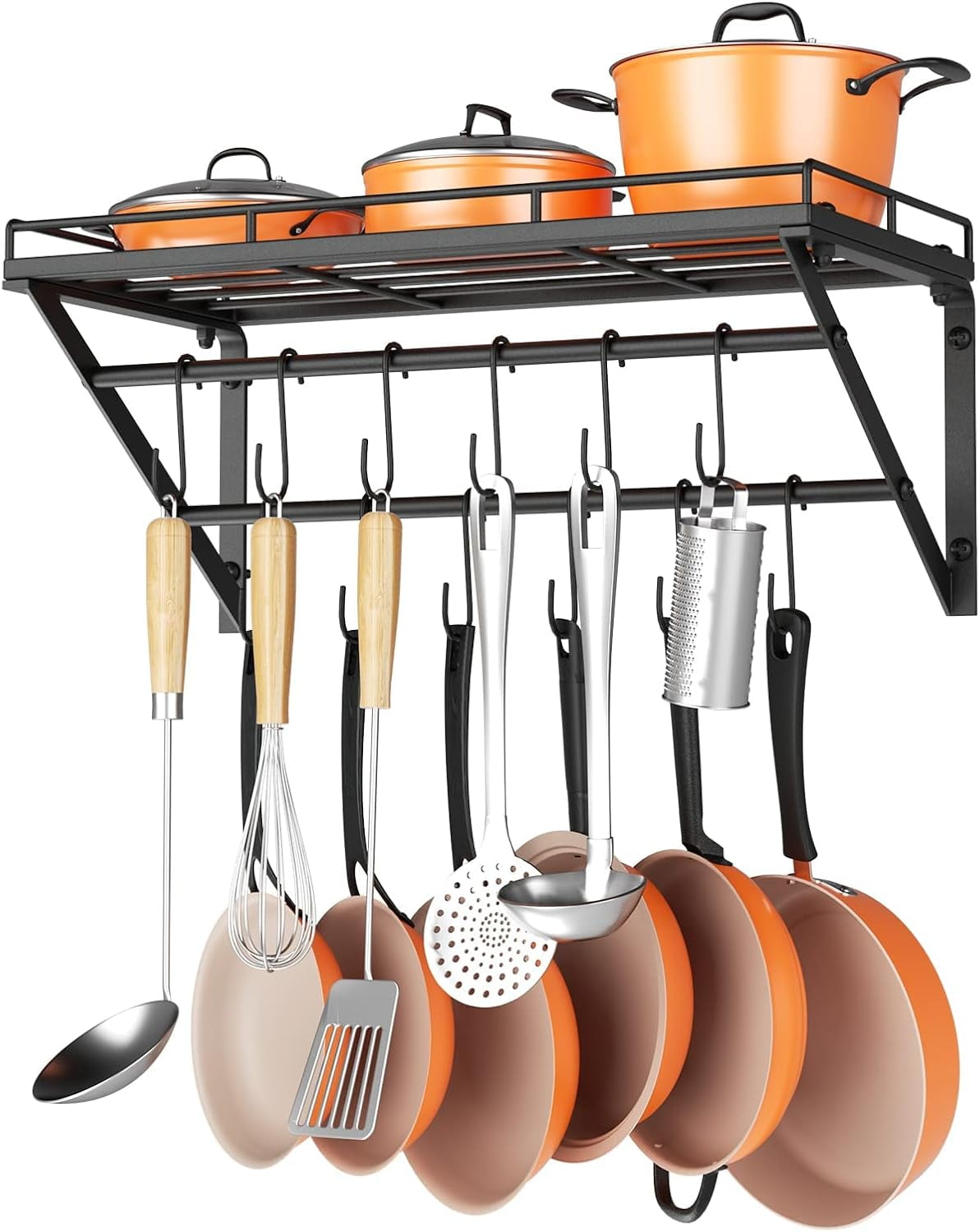 OROPY 23-Inch Wall Mounted Pot Rack with Shelf, 2-Tier Hanging Rails ...