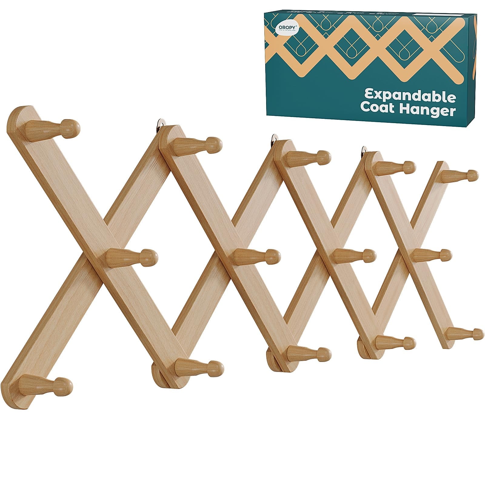 OROPY Expandable Wood Coat Rack Wall Mount, 14 Peg Accordion Hat Rack ...