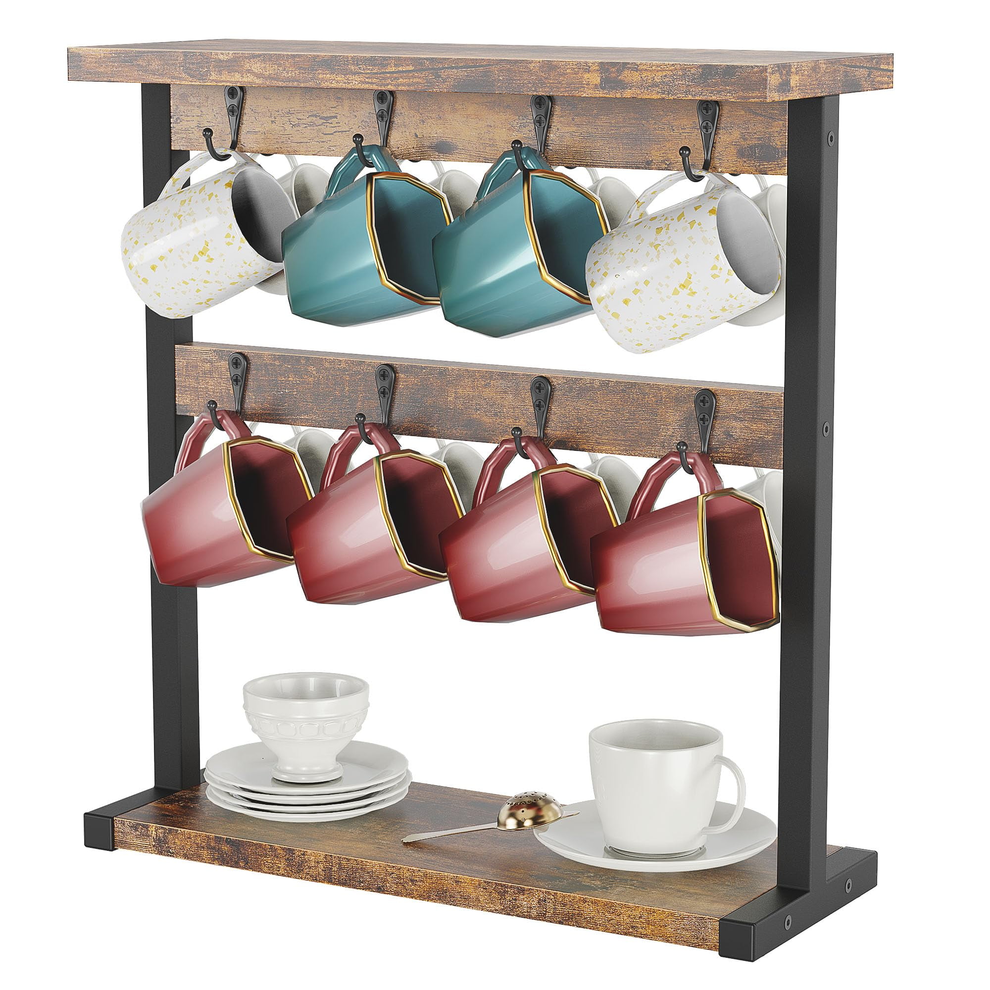 OROPY Wood Coffee Mugs Holder for Counter with 16 Hooks, 2 Tier Mugs ...