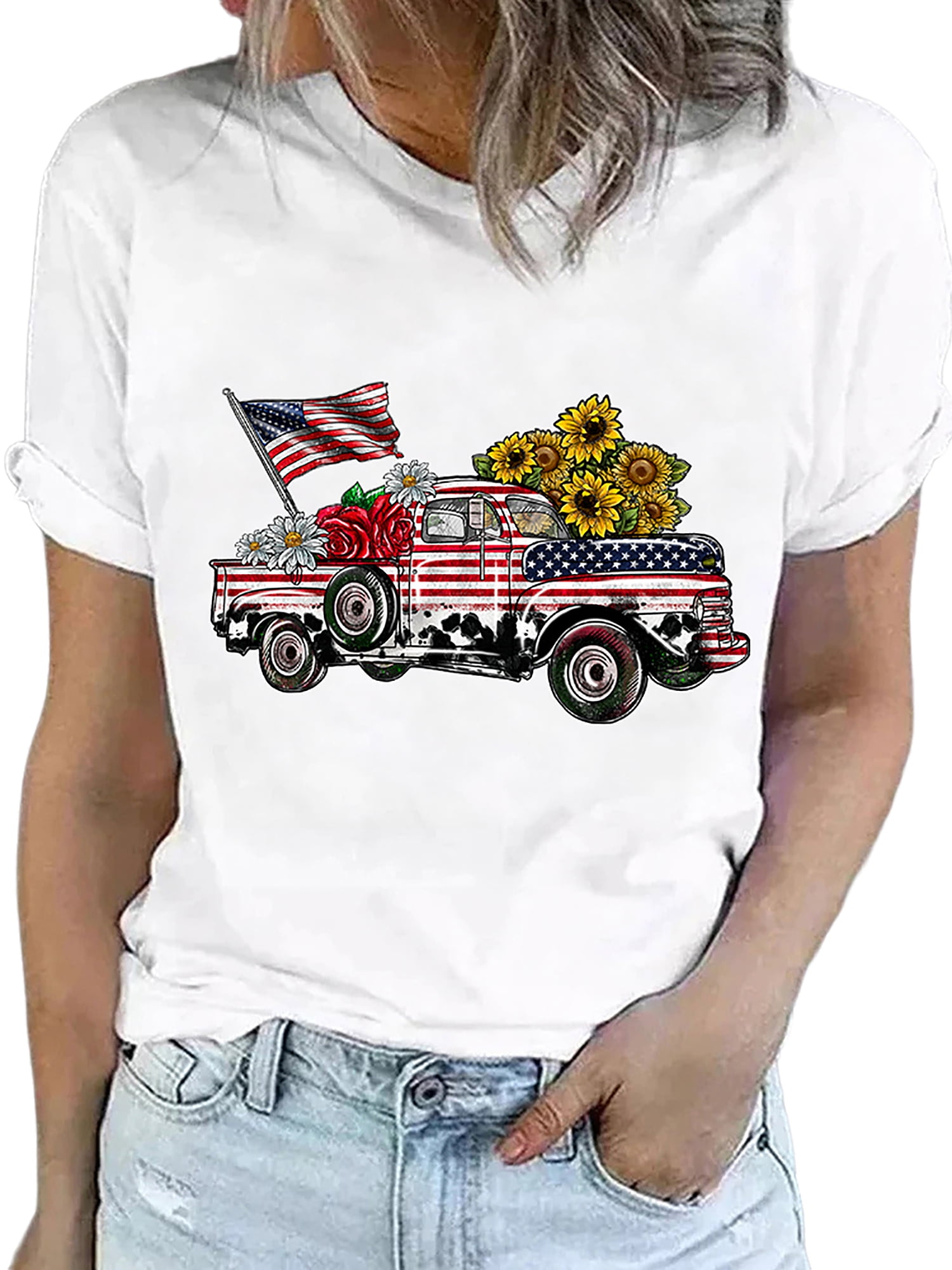 ORQ Women Independence Day Short Sleeve Round Neck Cartoon T-shirt Top ...